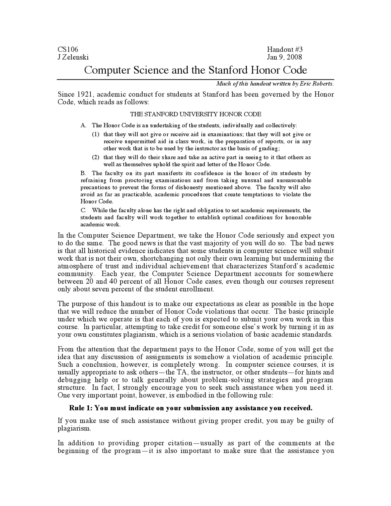 Computer Science and the Stanford Honor Code - Programming Abstractions ...