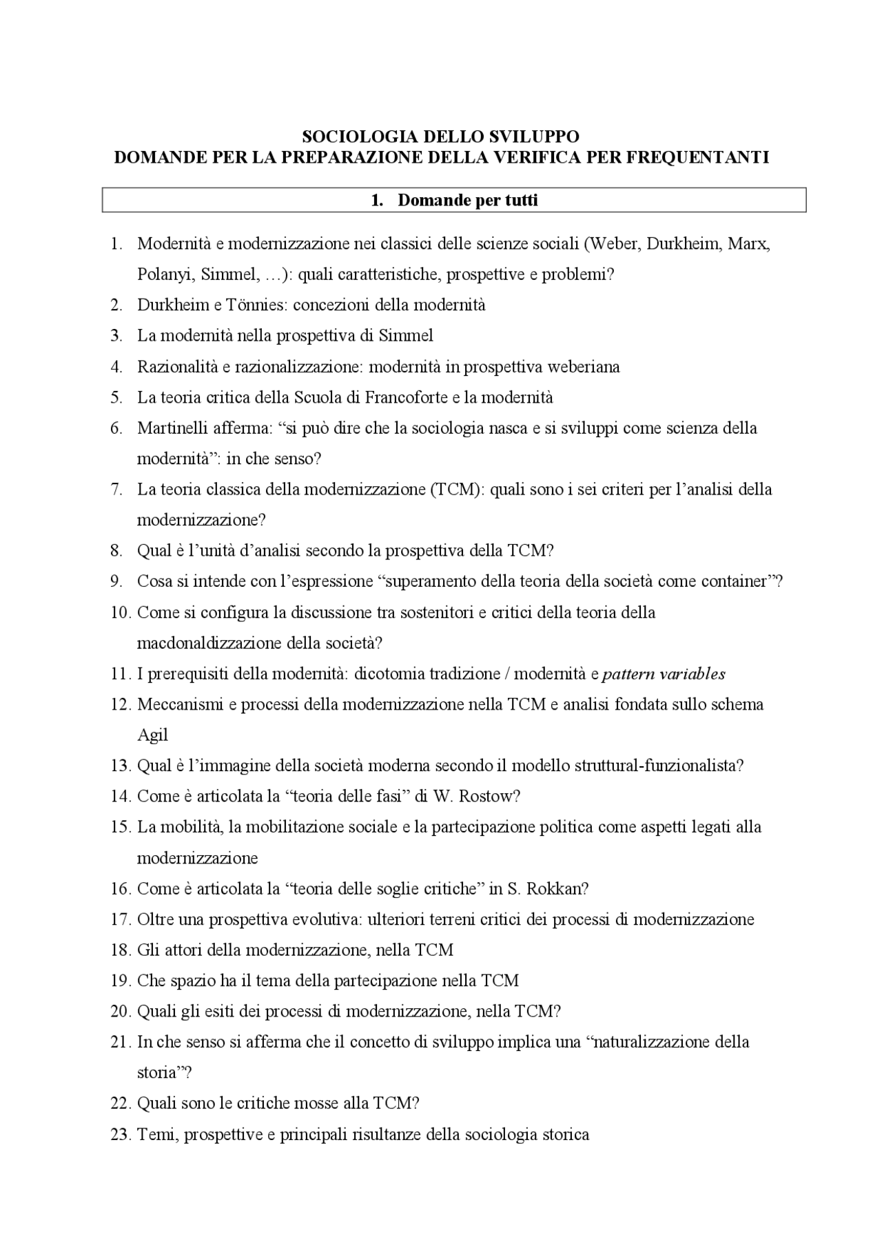Domande Verifica Sociologia Dello Sviluppo Docsity
