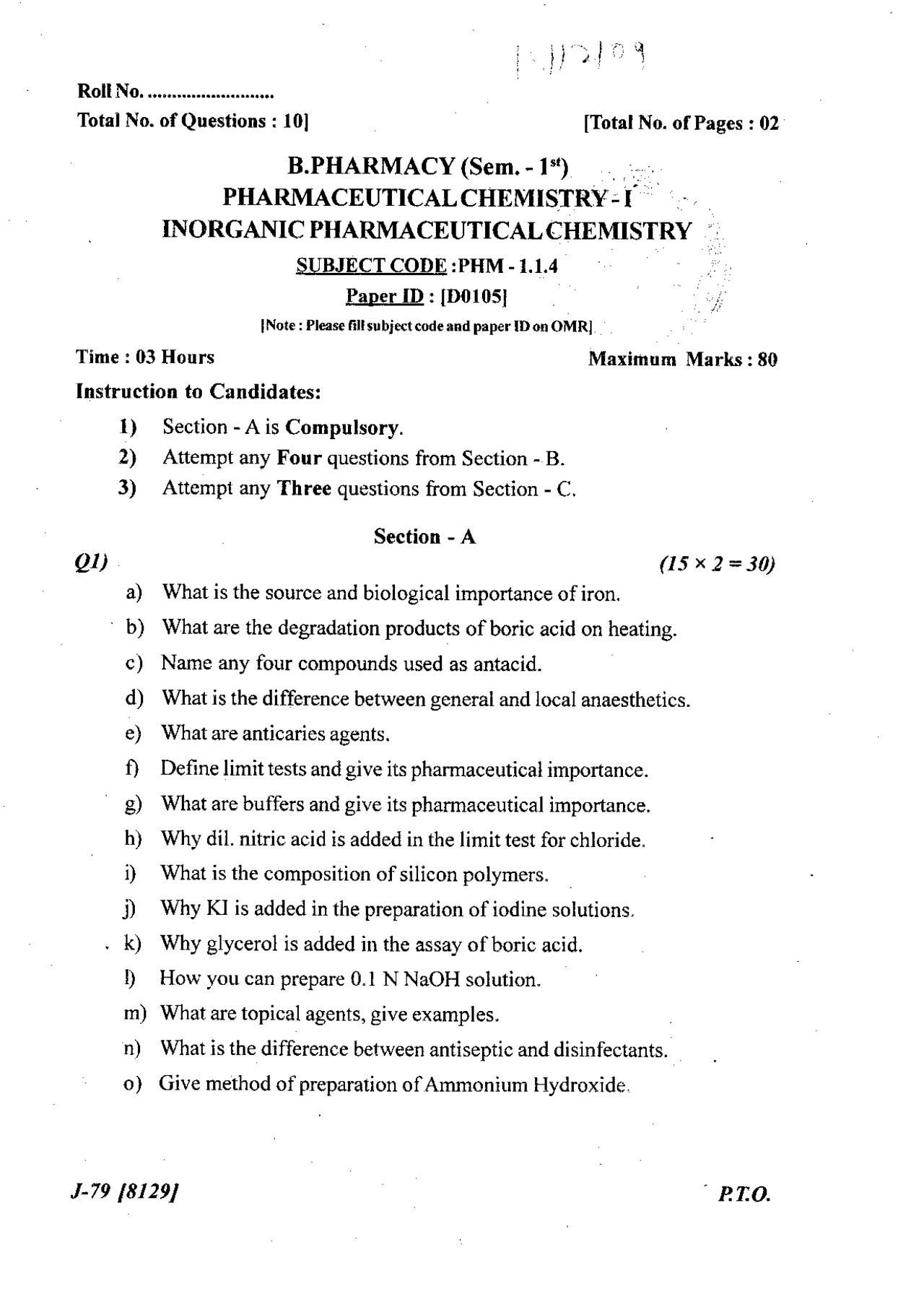 Pharmaceutical Chemistry I Test Paper | PTU - Docsity