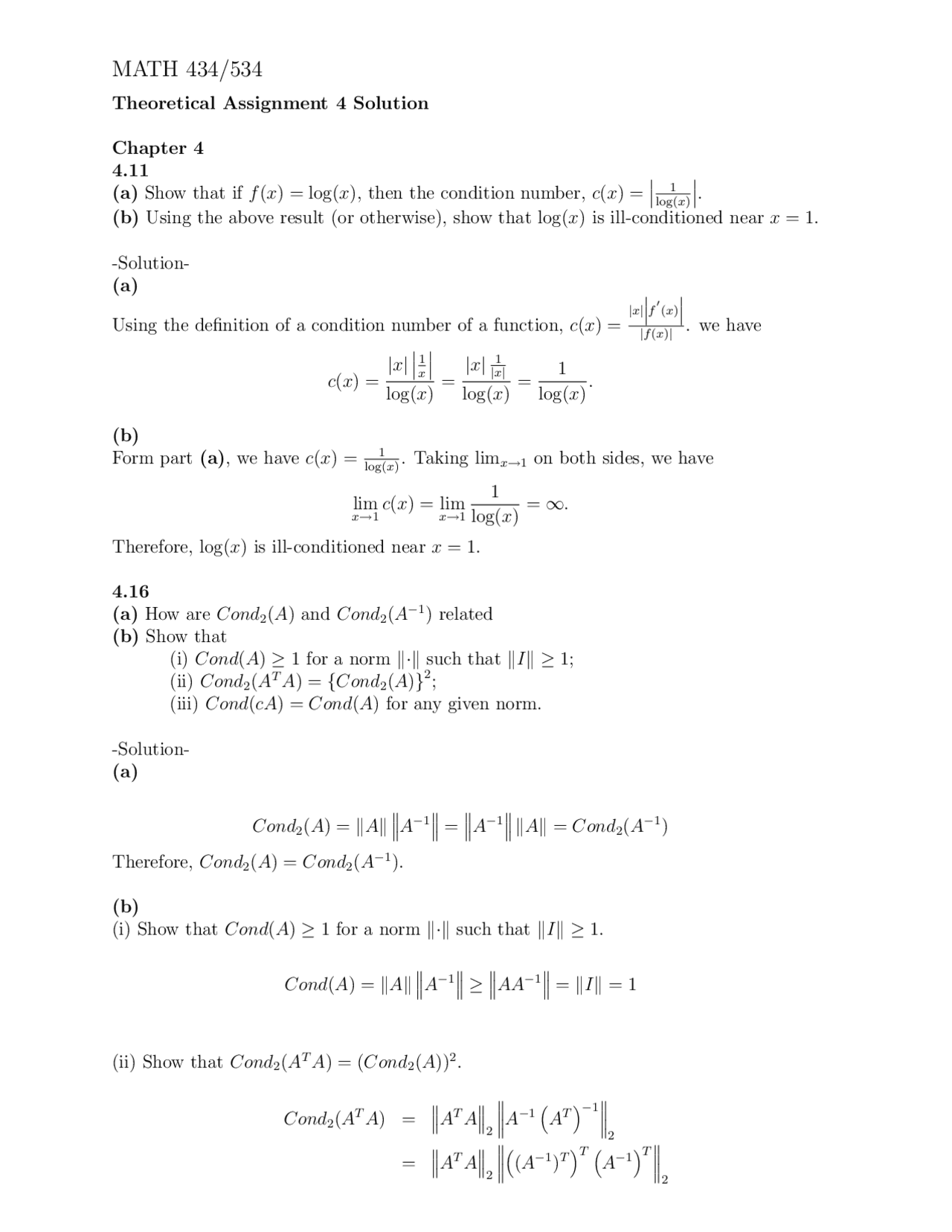 Theoretical Assignment 4 Solutions Numerical Linear Algebra Math