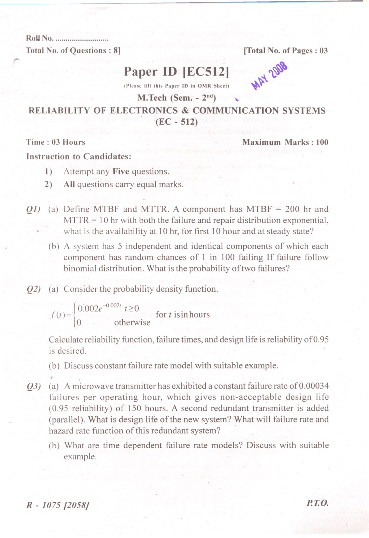 Test Paper Reliability Of Electronics Communication Punjab Technical