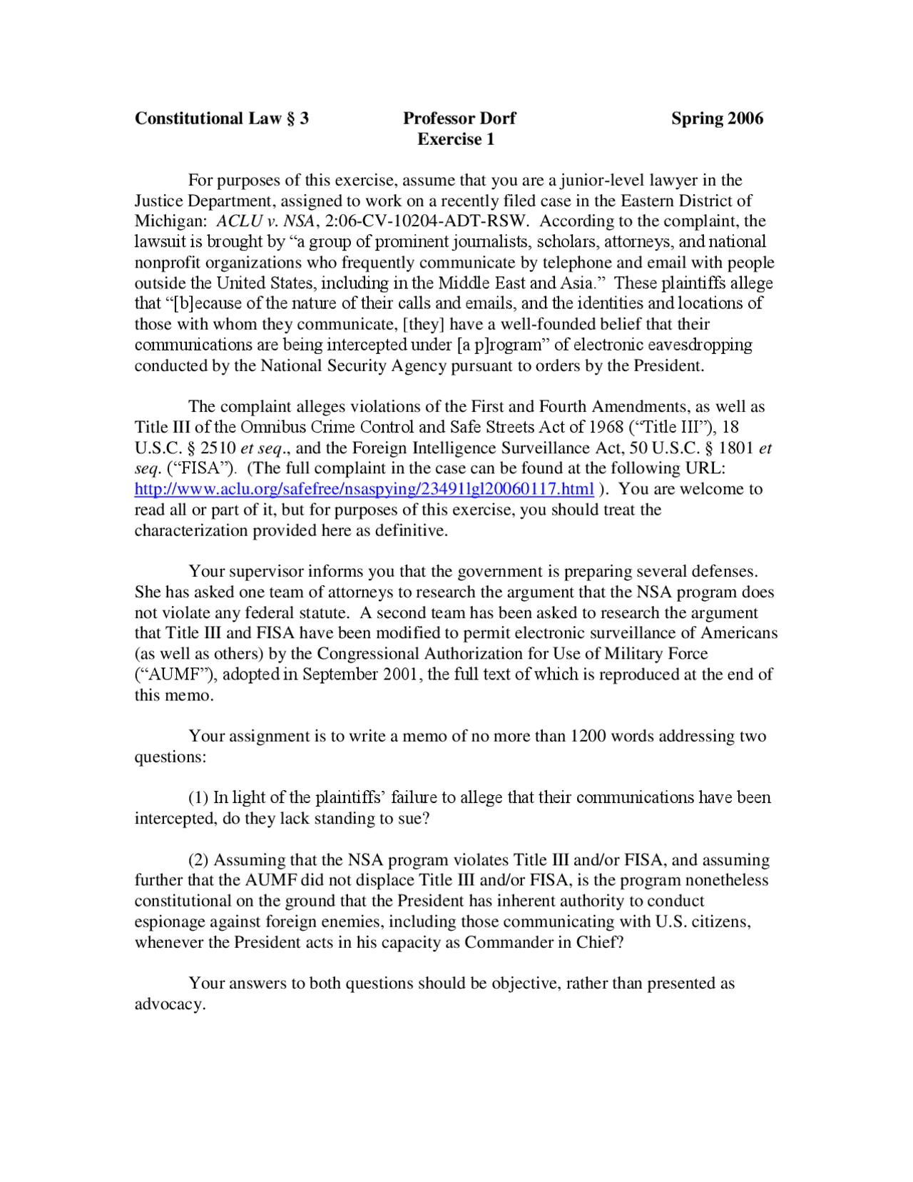 Constitutional Law Exercise 1 Law Docsity