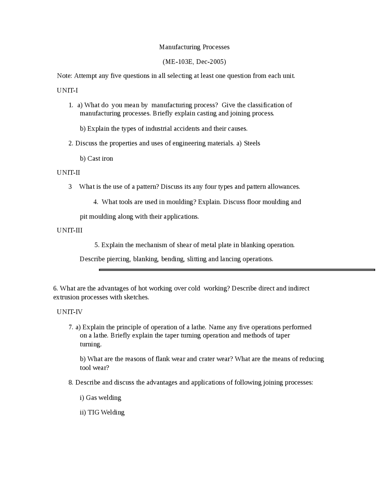 Test Paper - Manufacturing Process - Kurukshetra University - Master of ...