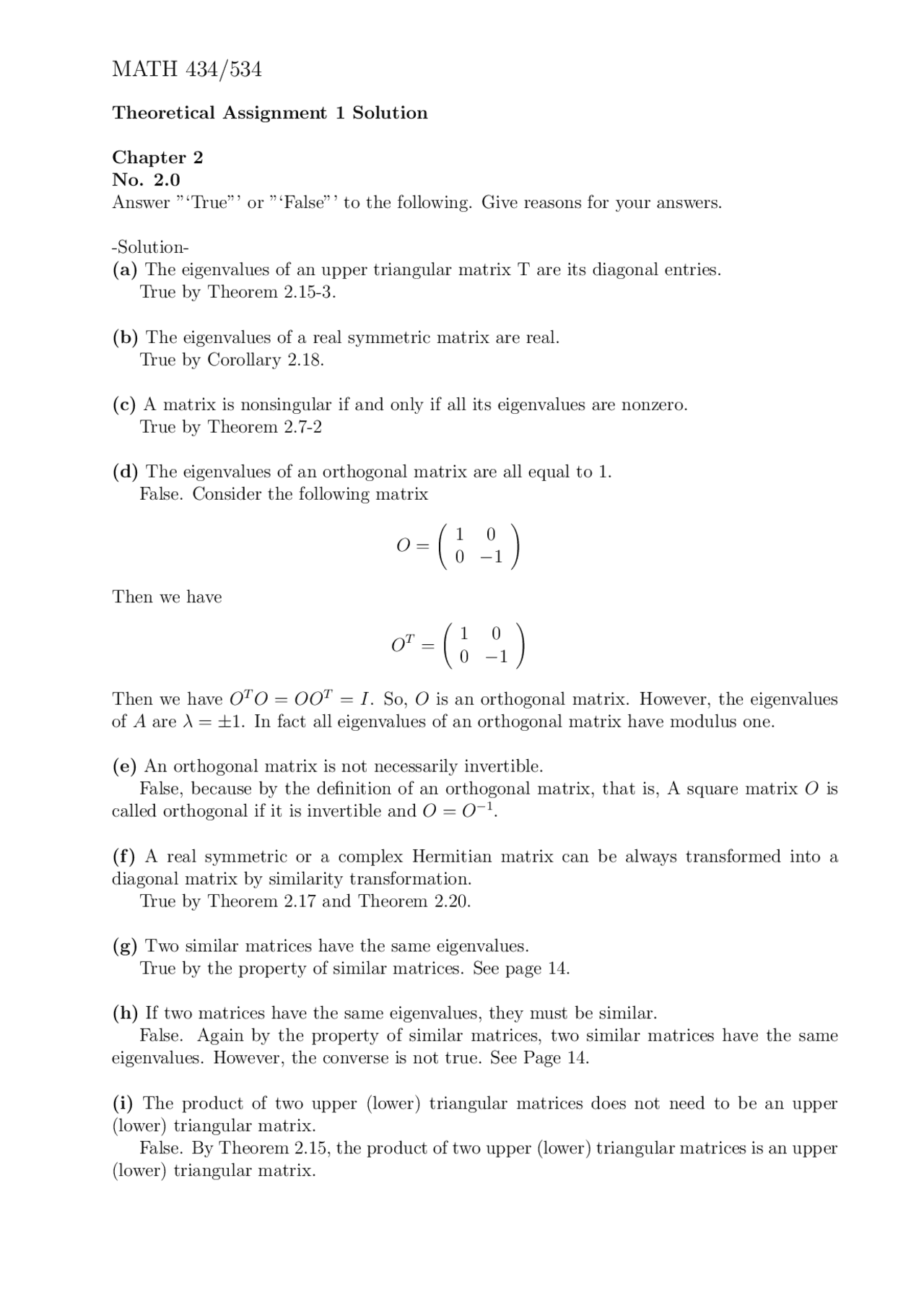 Theoretical Assignment 1 With Solution Numerical Linear Algebra