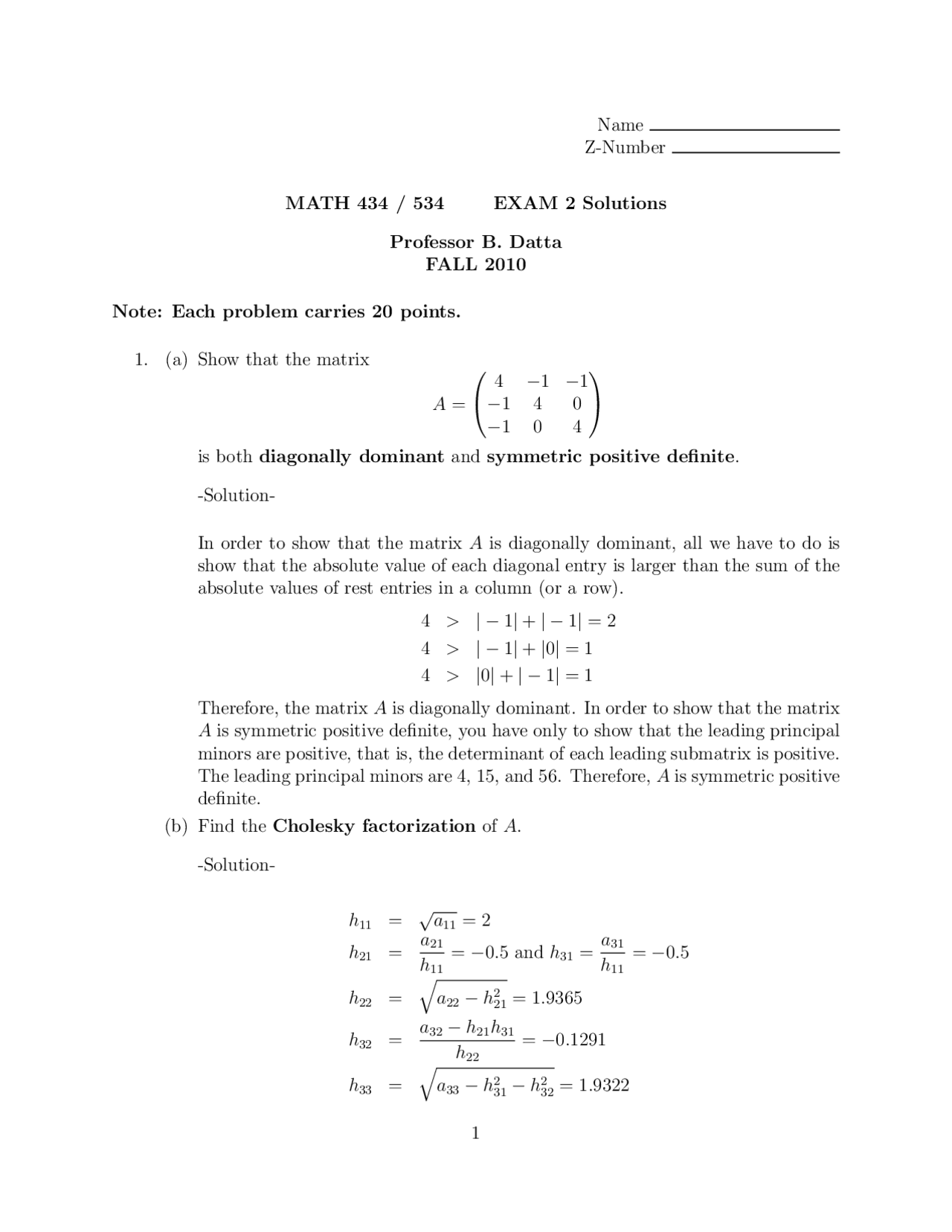Exam 2 Solutions - Numerical Linear Algebra | MATH 434 | Exams Linear Algebra | Docsity