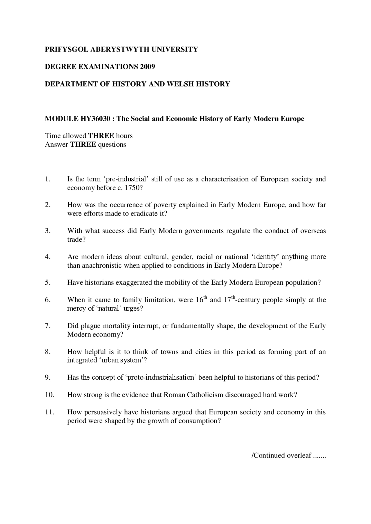 The Social and Economic History of Early Modern Europe - 2009Exam ...