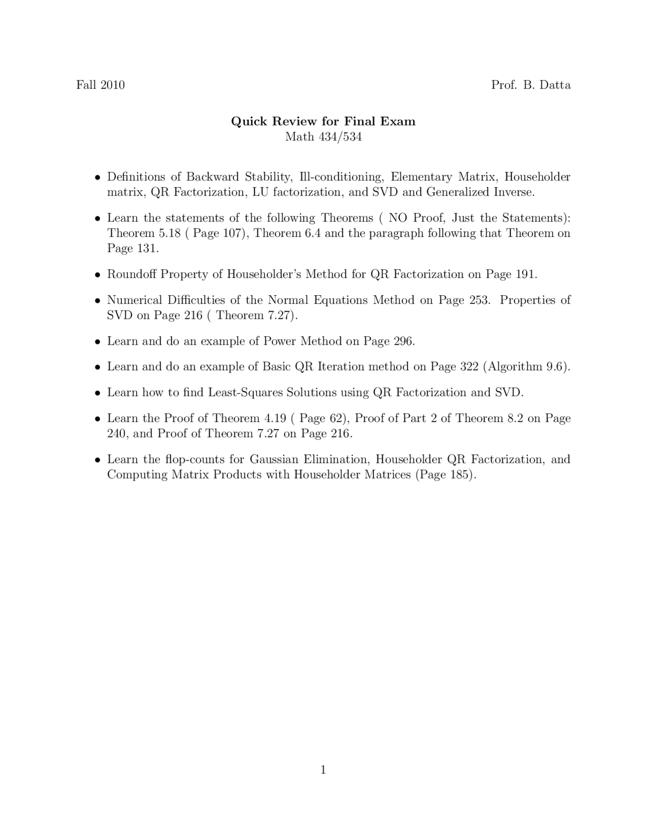 Quick Review For Final Exam Numerical Linear Algebra Math 434 Docsity