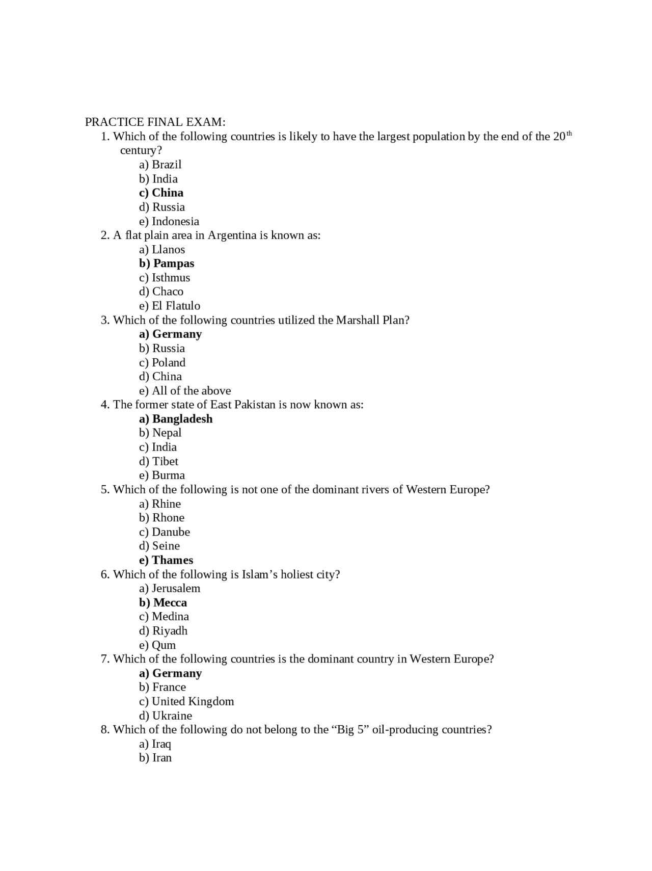 World Regional Geography Practice Final Exam Geog 200 Docsity