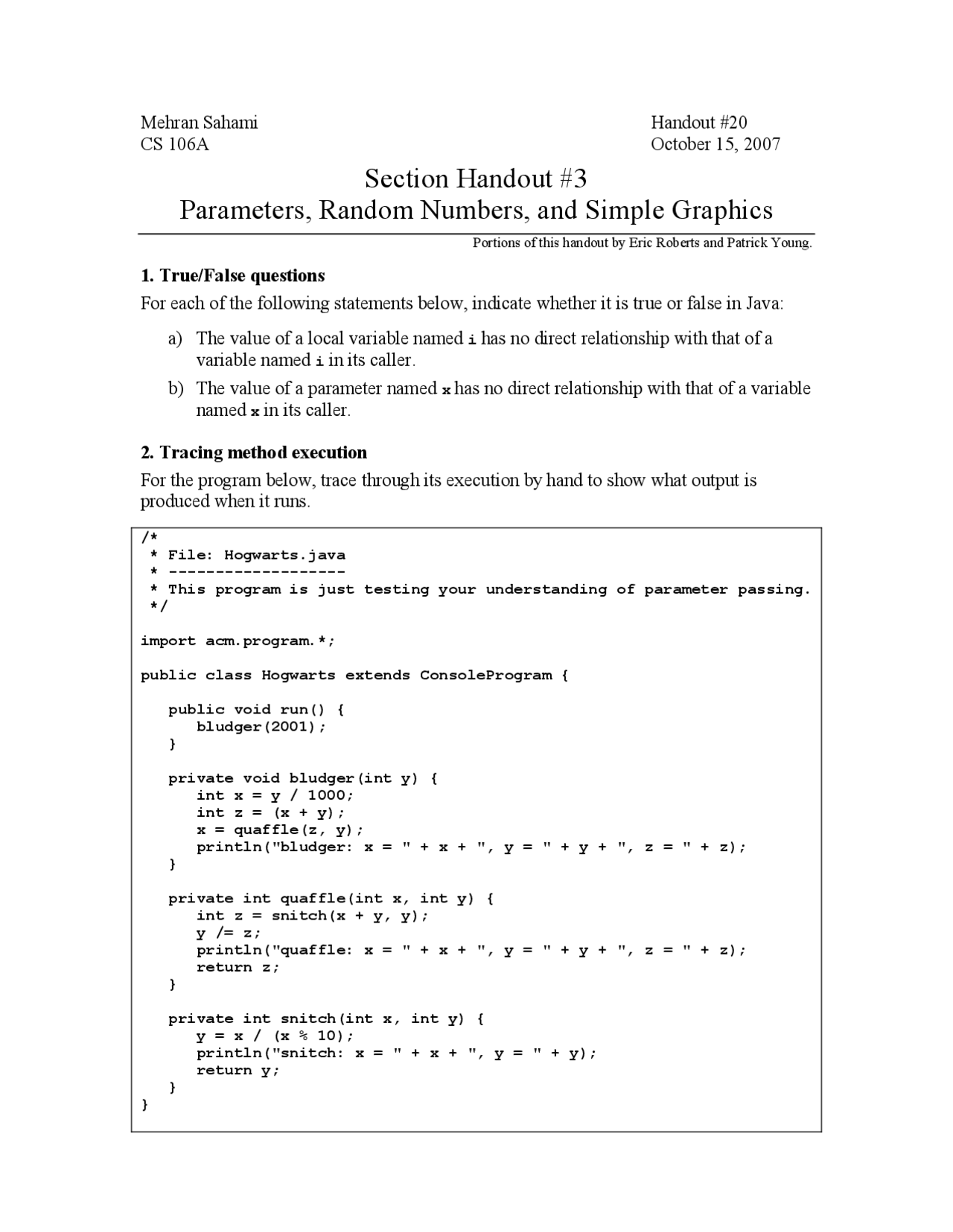 Parameters Random Numbers And Simple Graphics Section Handout