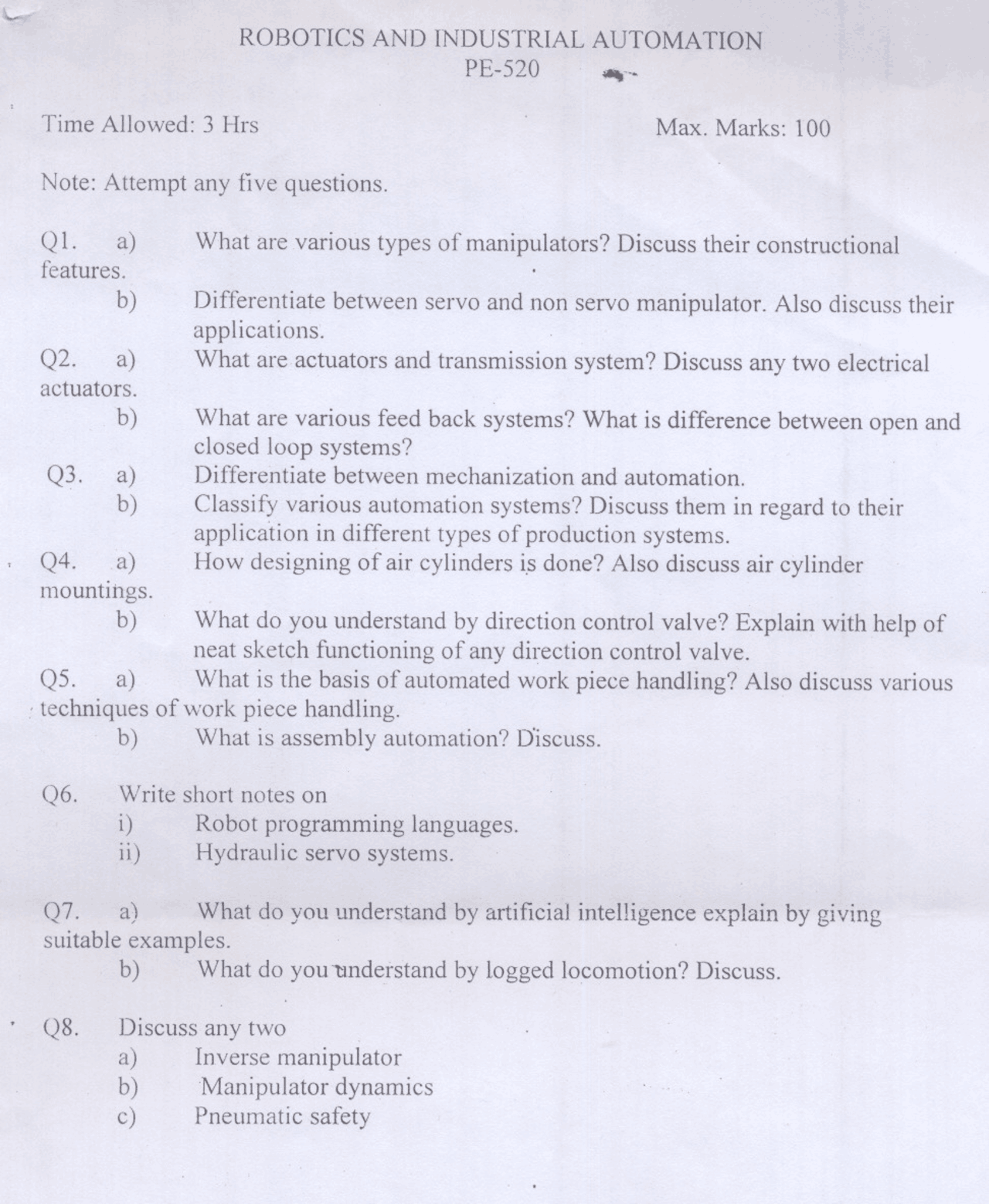 Test Paper - Robotics and Industrial Automation - Punjab Technical ...