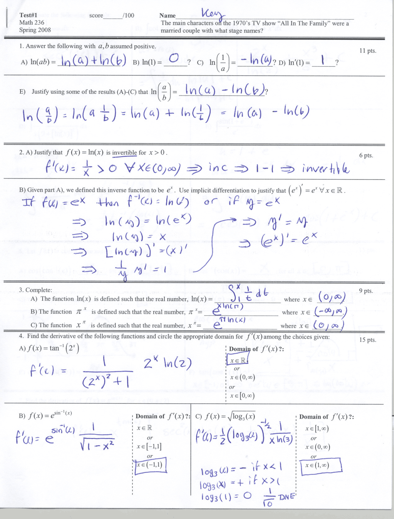 Answer Key to Exam - Calculus II | MATH 236 | Exams Calculus | Docsity