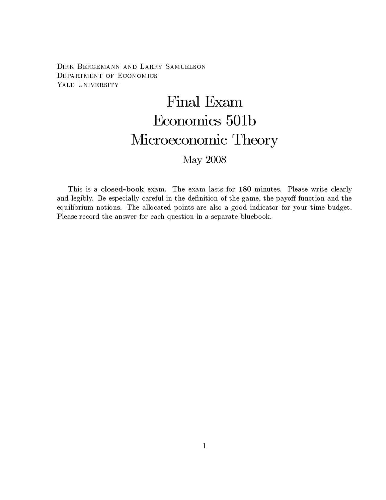 Microeconomics Theory - Final Exam 2007 2008 - Economics - Docsity