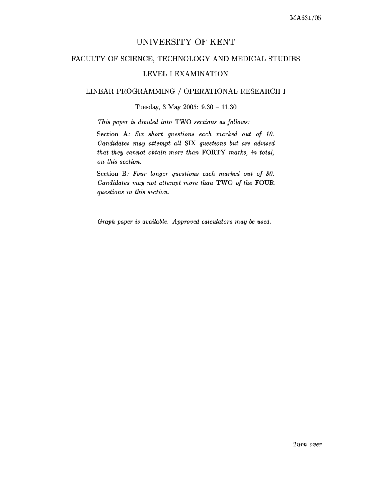 Linear Programming Operational Research I - Exam 2005 - Statistics and Economics - Docsity