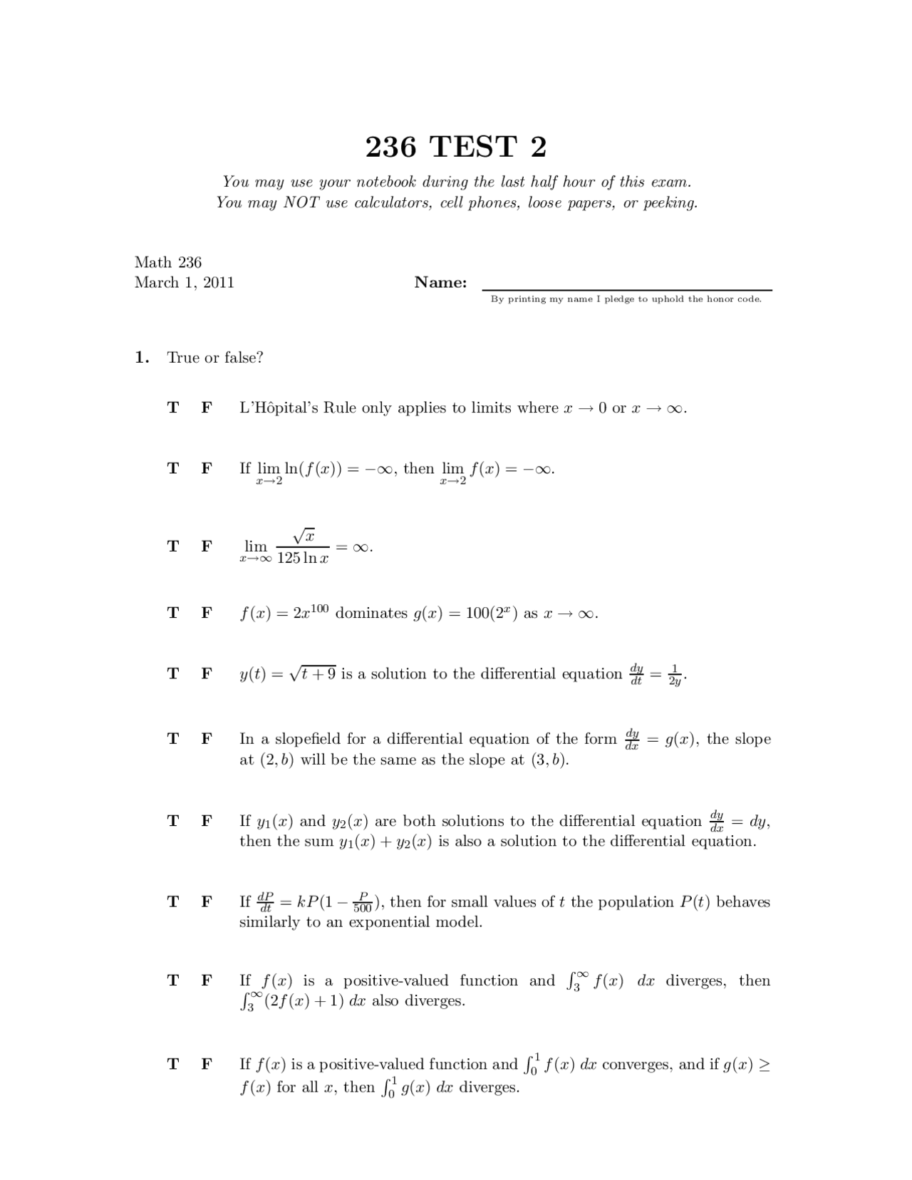 3 Unsolved Problems In Examination 2 Calculus Ii Math 236 Docsity