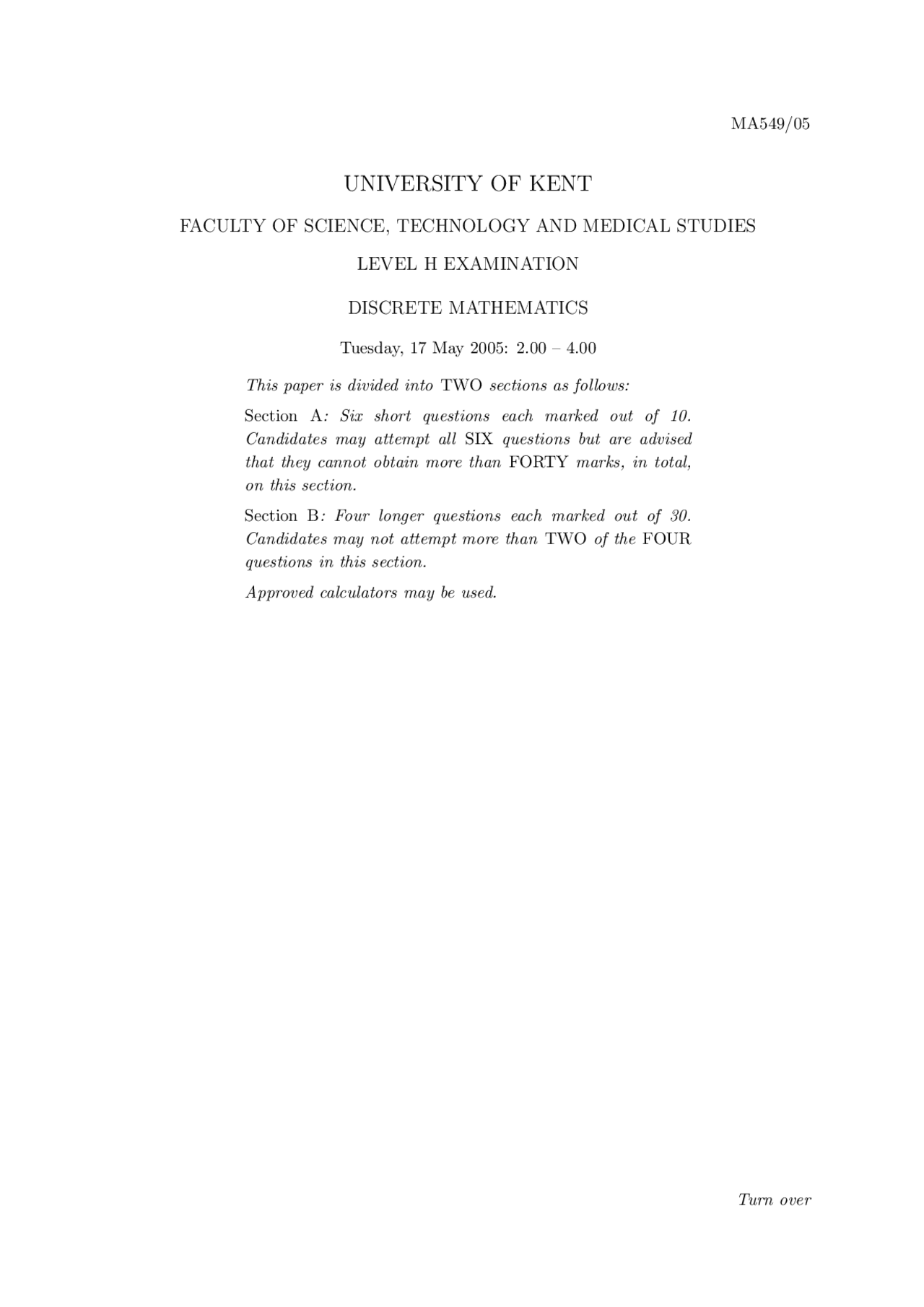 Discrete Mathematics Exam 2005 Statistics And Economics Docsity