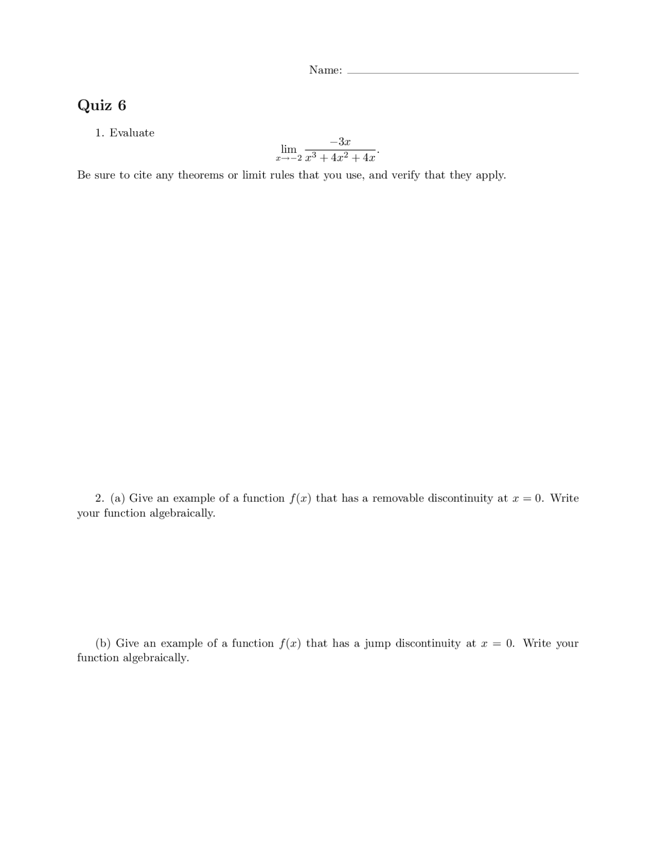 Calculus With Functions I Quiz Six Questions Math 231 Docsity