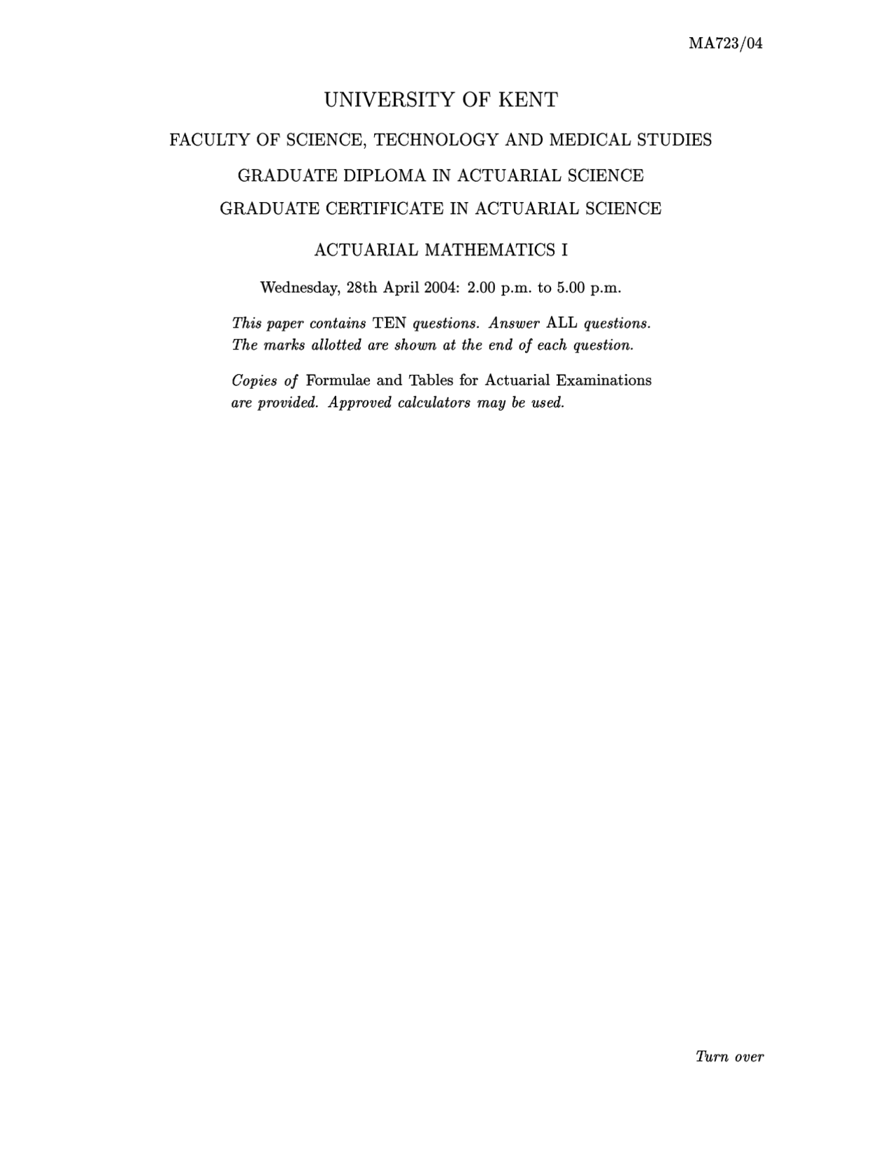 Actuarial Mathematics I 2004 Statistics And Economics Docsity
