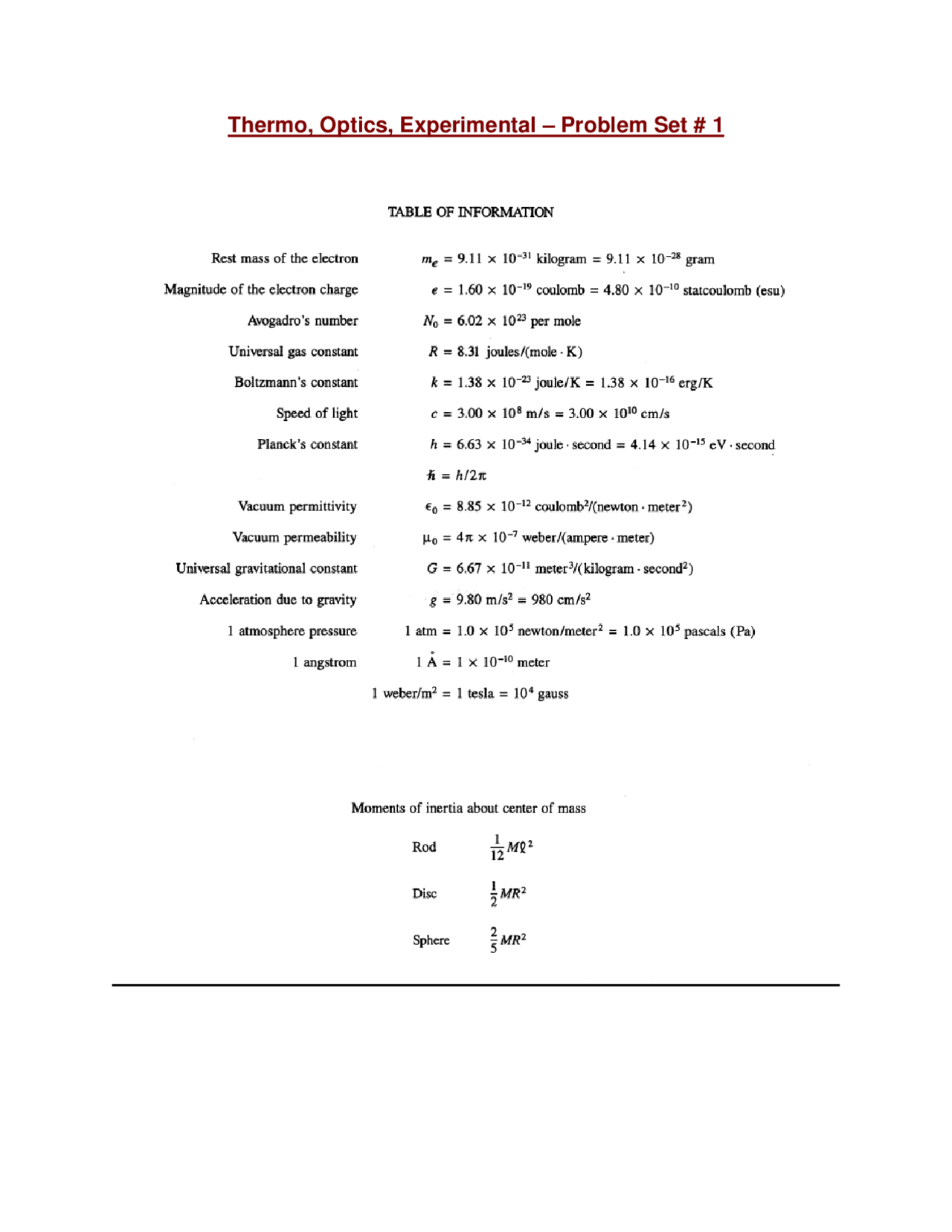 Thermodynamics Problemset 1 Physics Docsity