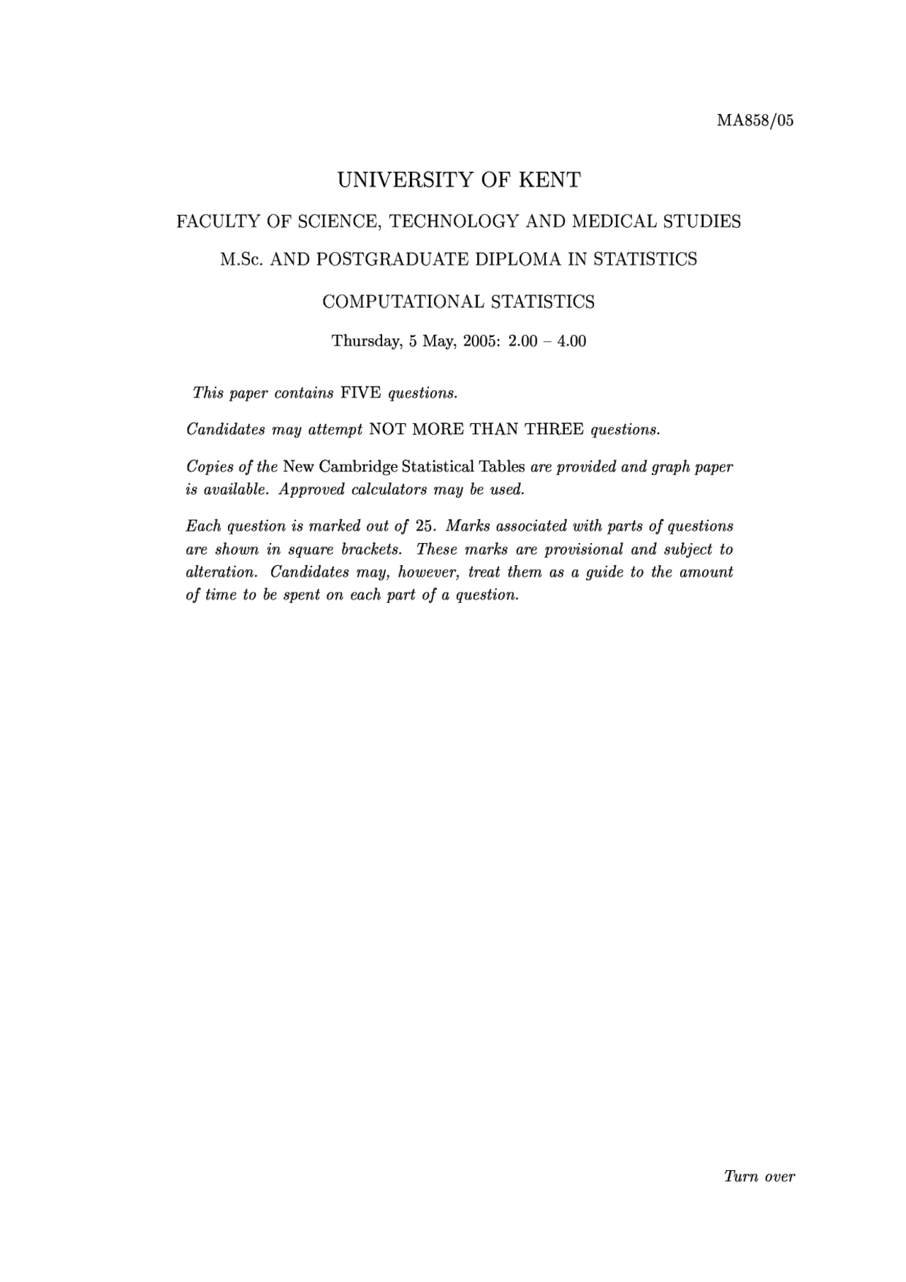Computational Statistics Exam 2005 Statistics And Economics Docsity 