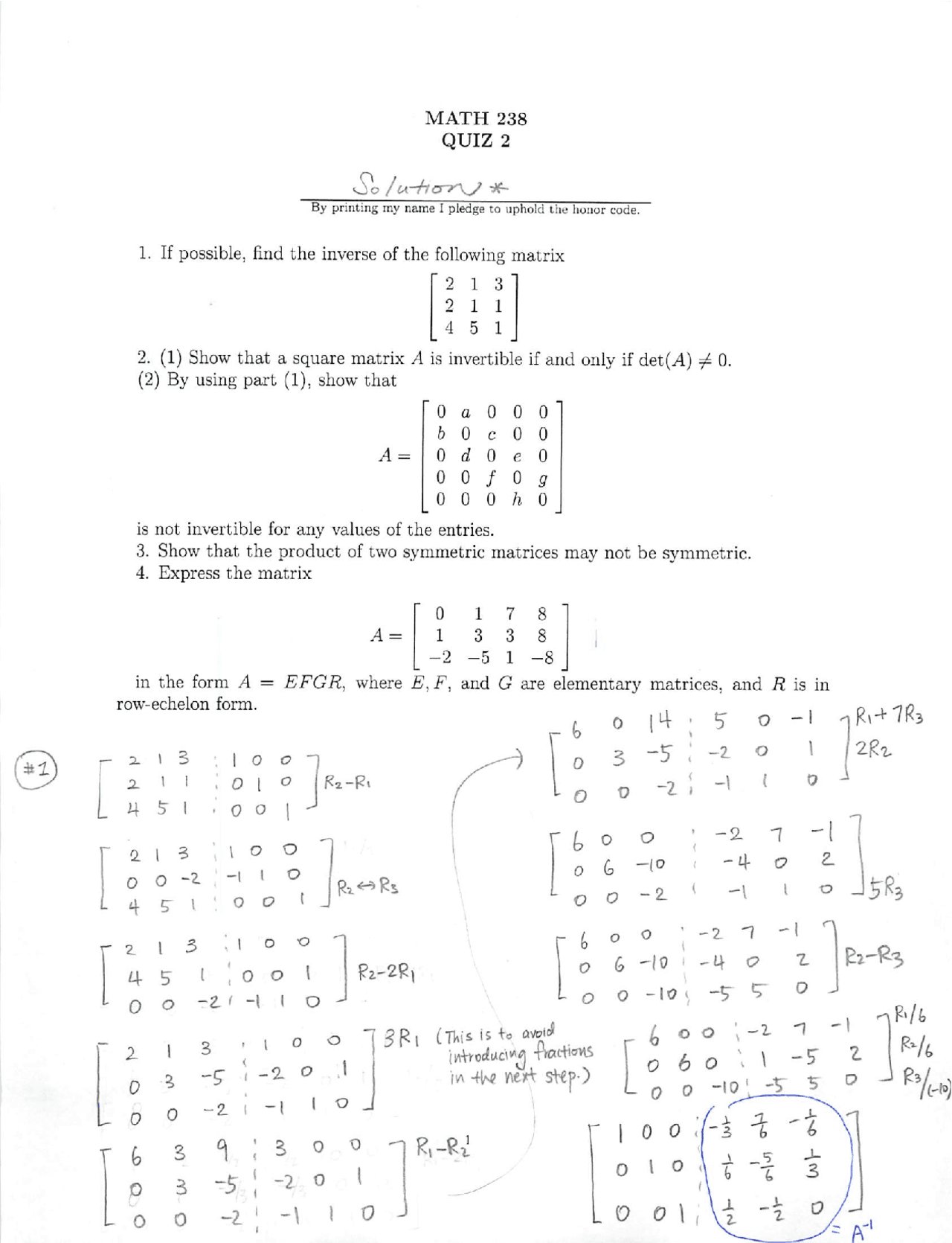 4 Solved Problems On Inverse Matrix Quiz 2 Math 238 Docsity