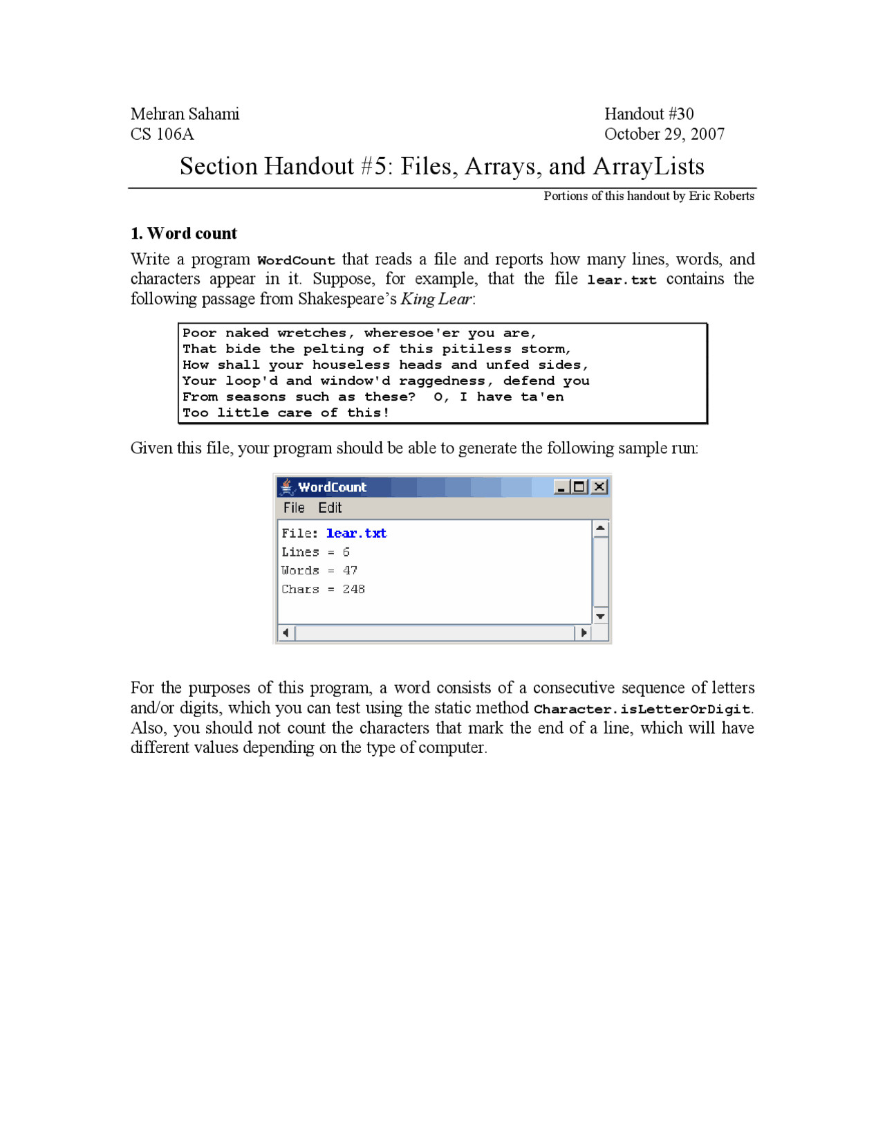 Files, Arrays, and ArrayLists - Section Handout - Programming Methodology- 30 | Exercises ...