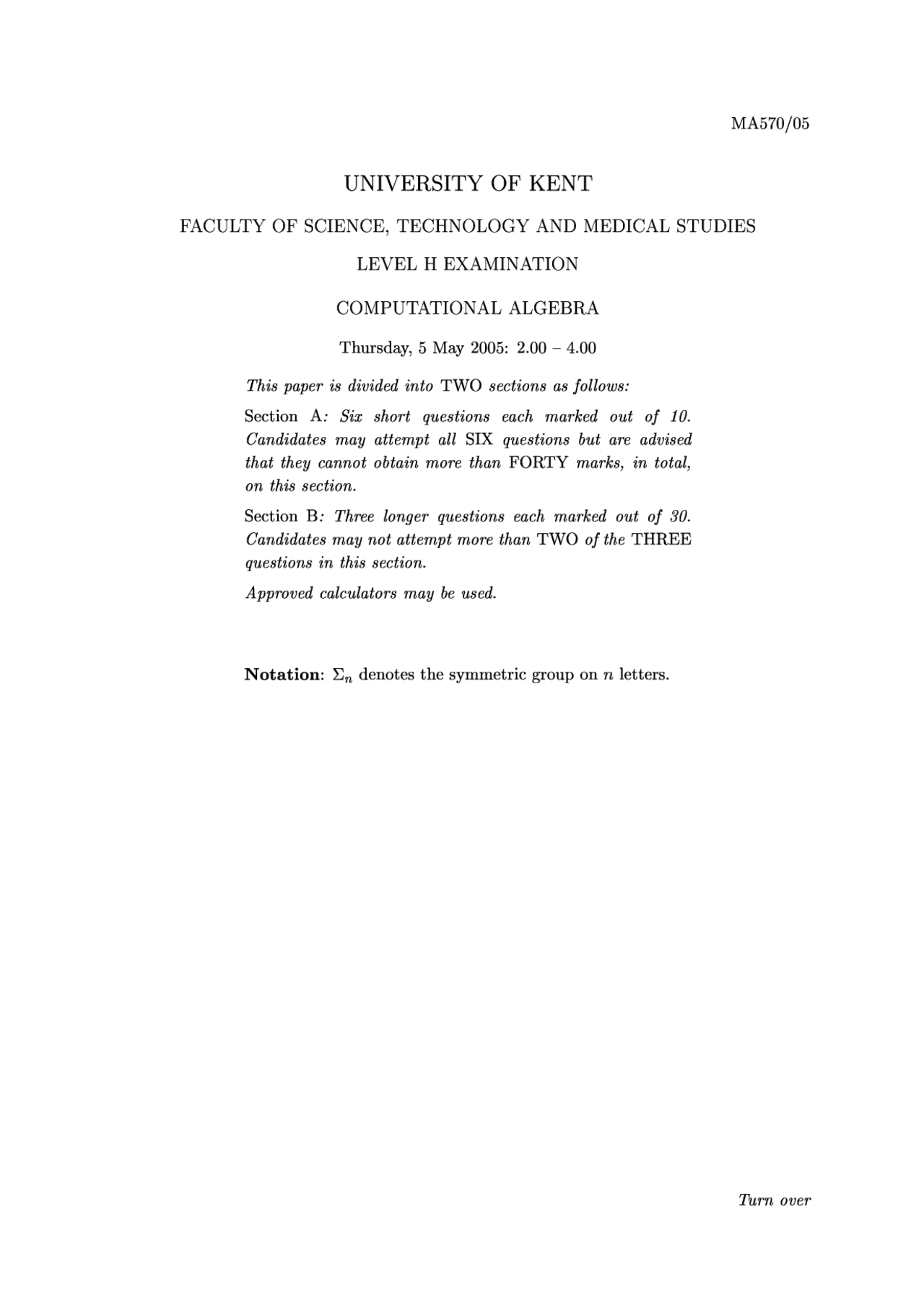 Computational Algebra Exam 2005 Statistics And Economics Docsity