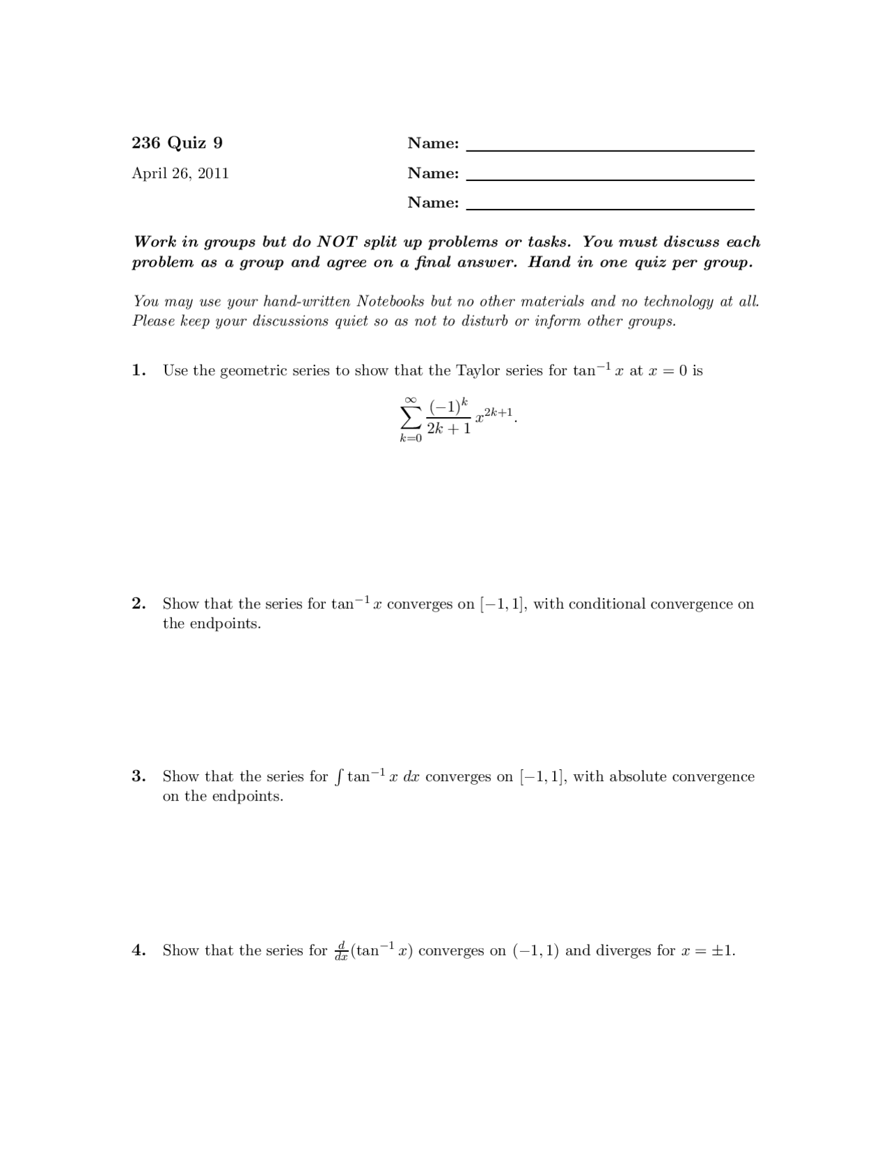 Quiz 9 with 4 Questions for Calculus II | MATH 236 - Docsity