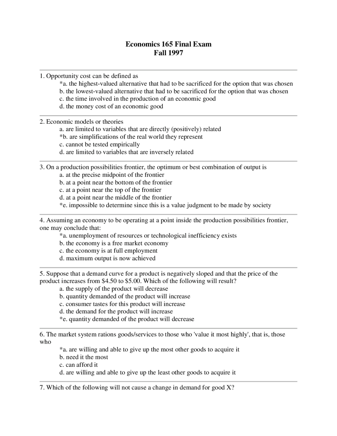 Principles Of Microeconomics Fall 1997 Exam Economics Docsity