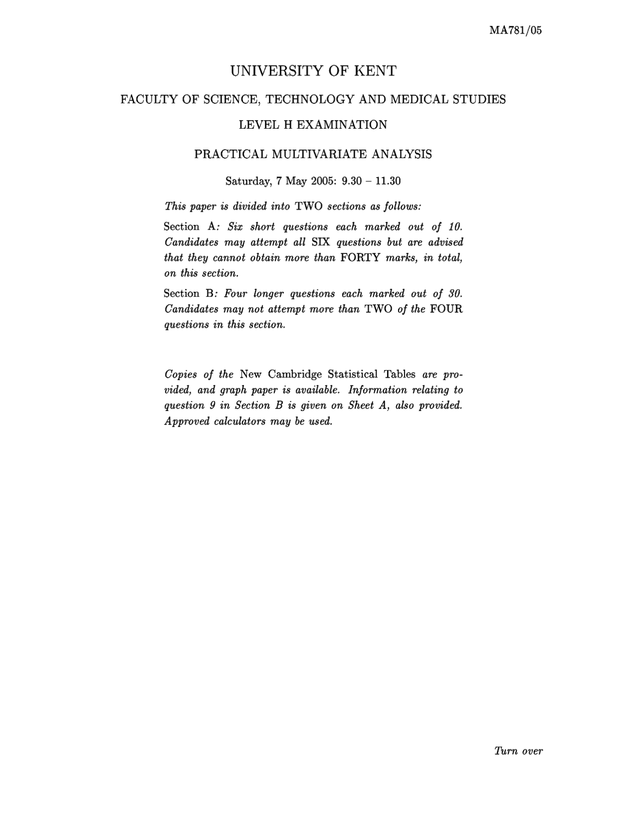 Practical Multivariate Analysis - Exam 2005 - Statistics and Economics ...