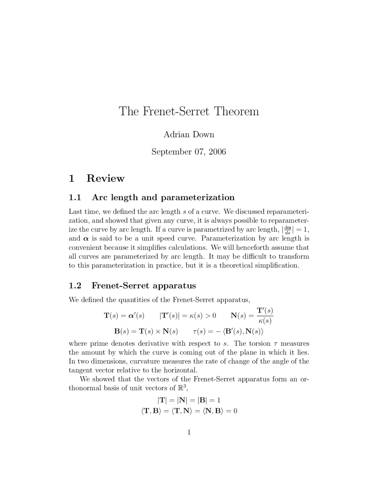 Frenet Serret Theorem Lecture Notes Numerical Methods Docsity
