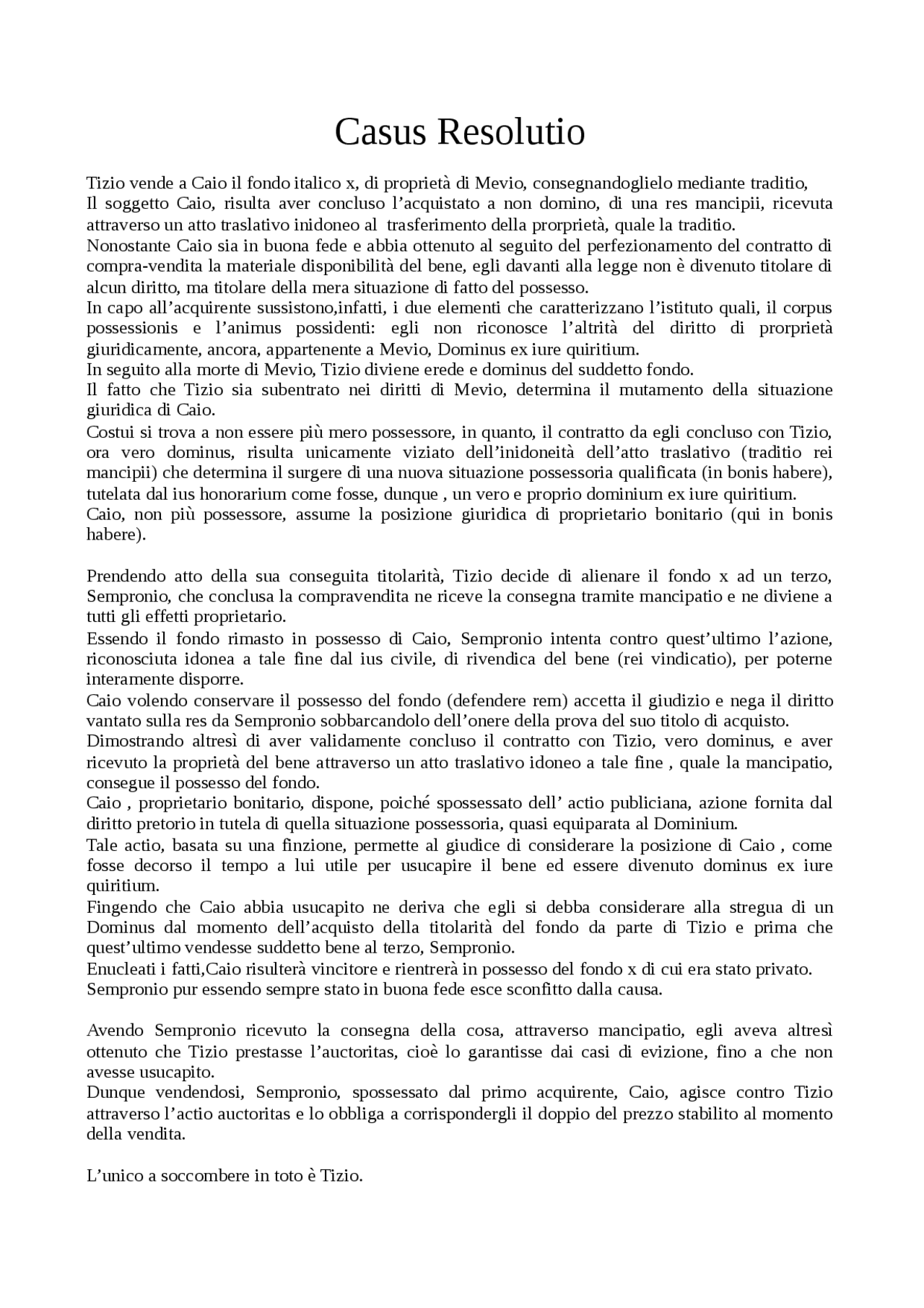 Casus Resolutio Appunti Istituzioni Di Diritto Romano Prof