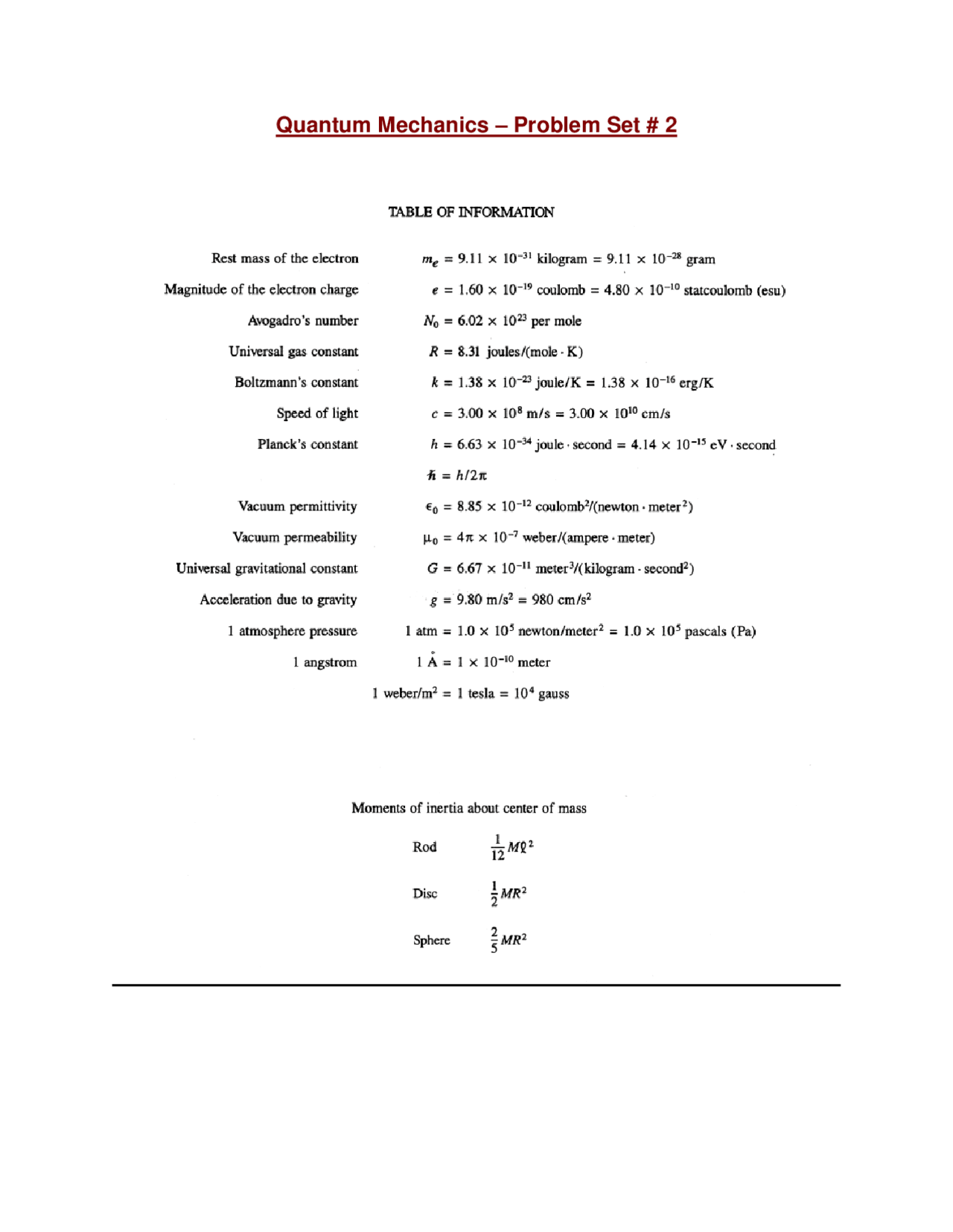 Quantum Mechanics - ProblemSet 2 - Physics - Docsity