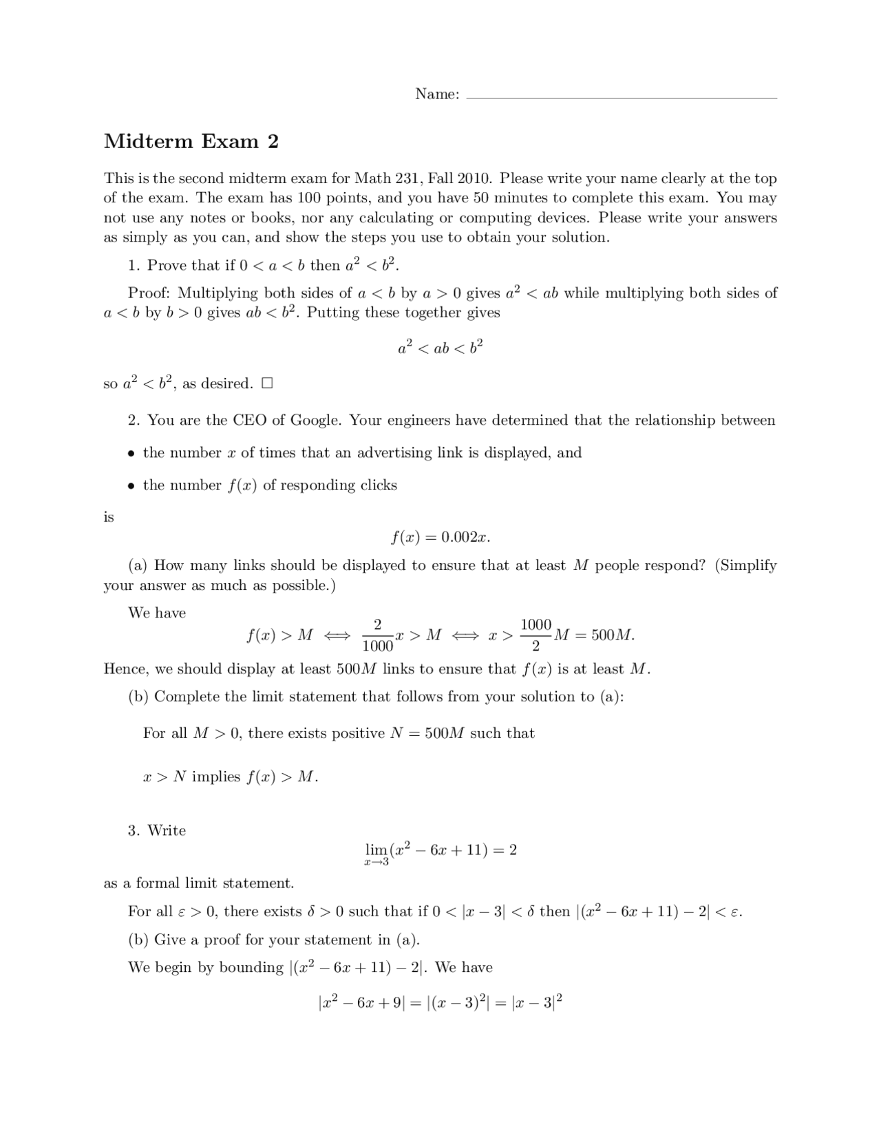 Solved Midterm Exam 2 Calculus With Functions I Math 231 Docsity