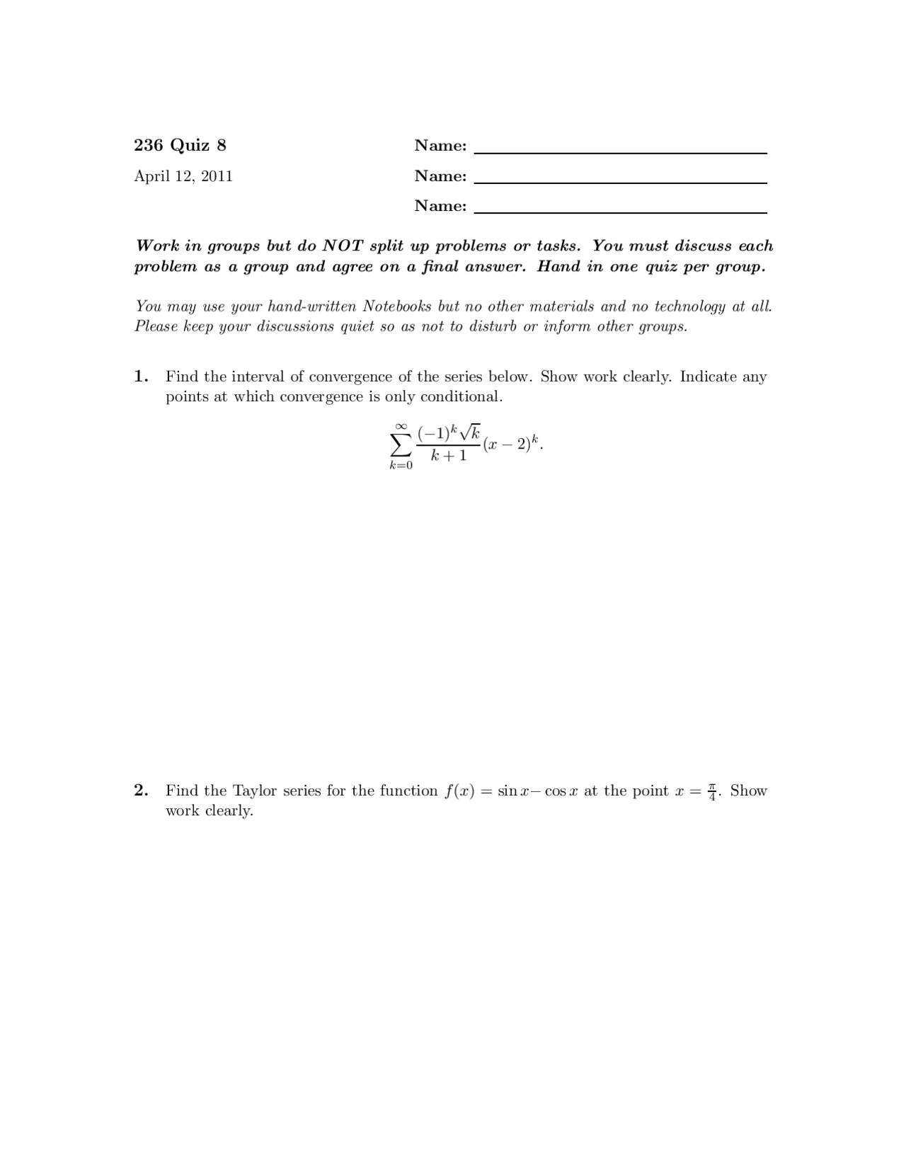 Find Interval Of Convergence Of Series Quiz 8 Math 236 Docsity