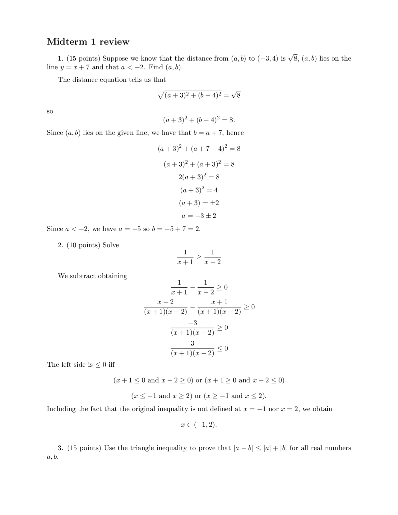 Midterm 1 Review Sheet Calculus With Functions I Math 231 Docsity