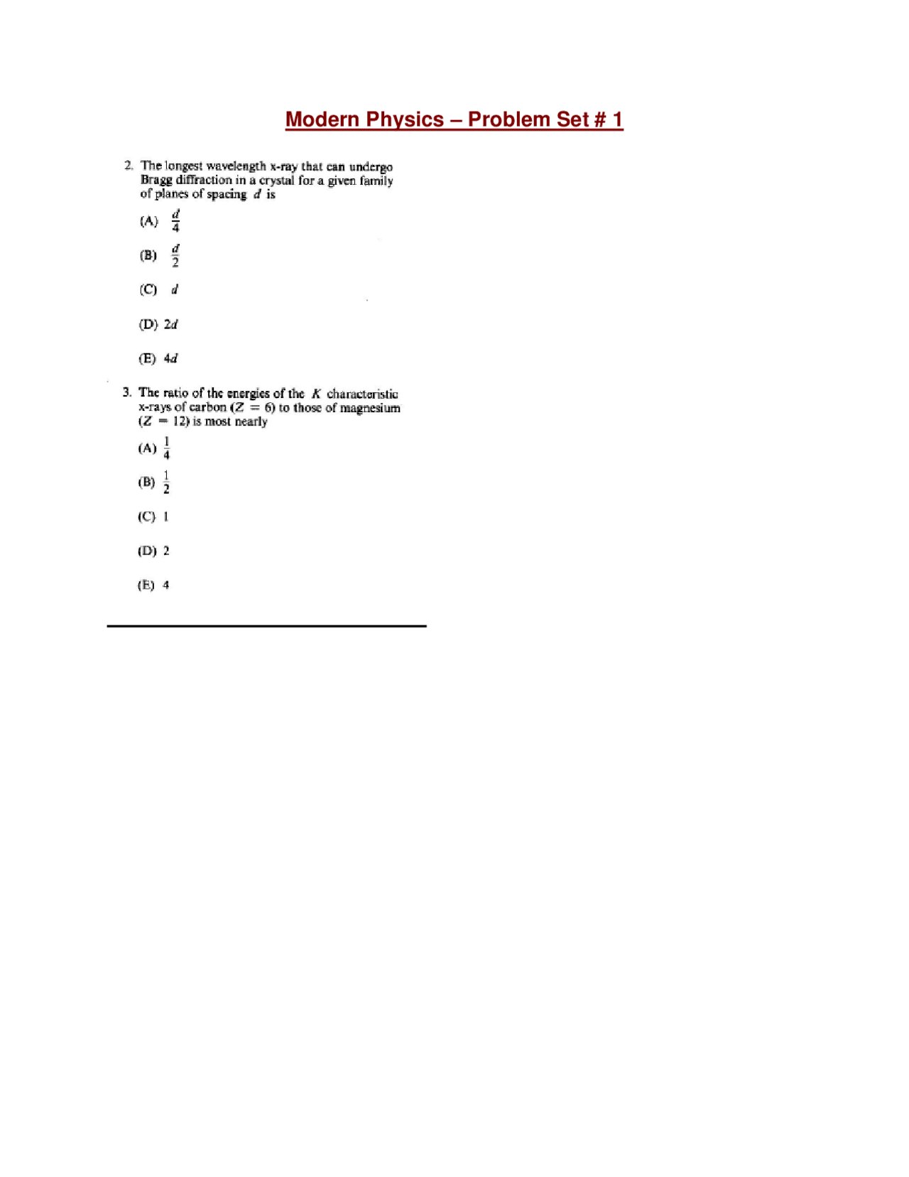 Modern Physics Problemset 1 Physics Docsity