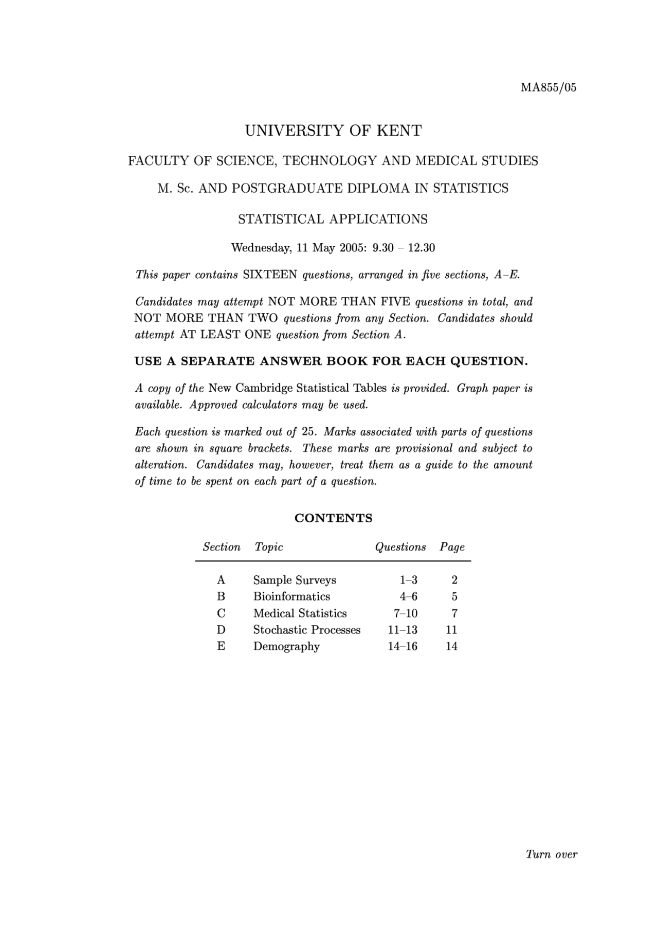 Statistical Applications Exam 2005 Statistics And Economics Docsity