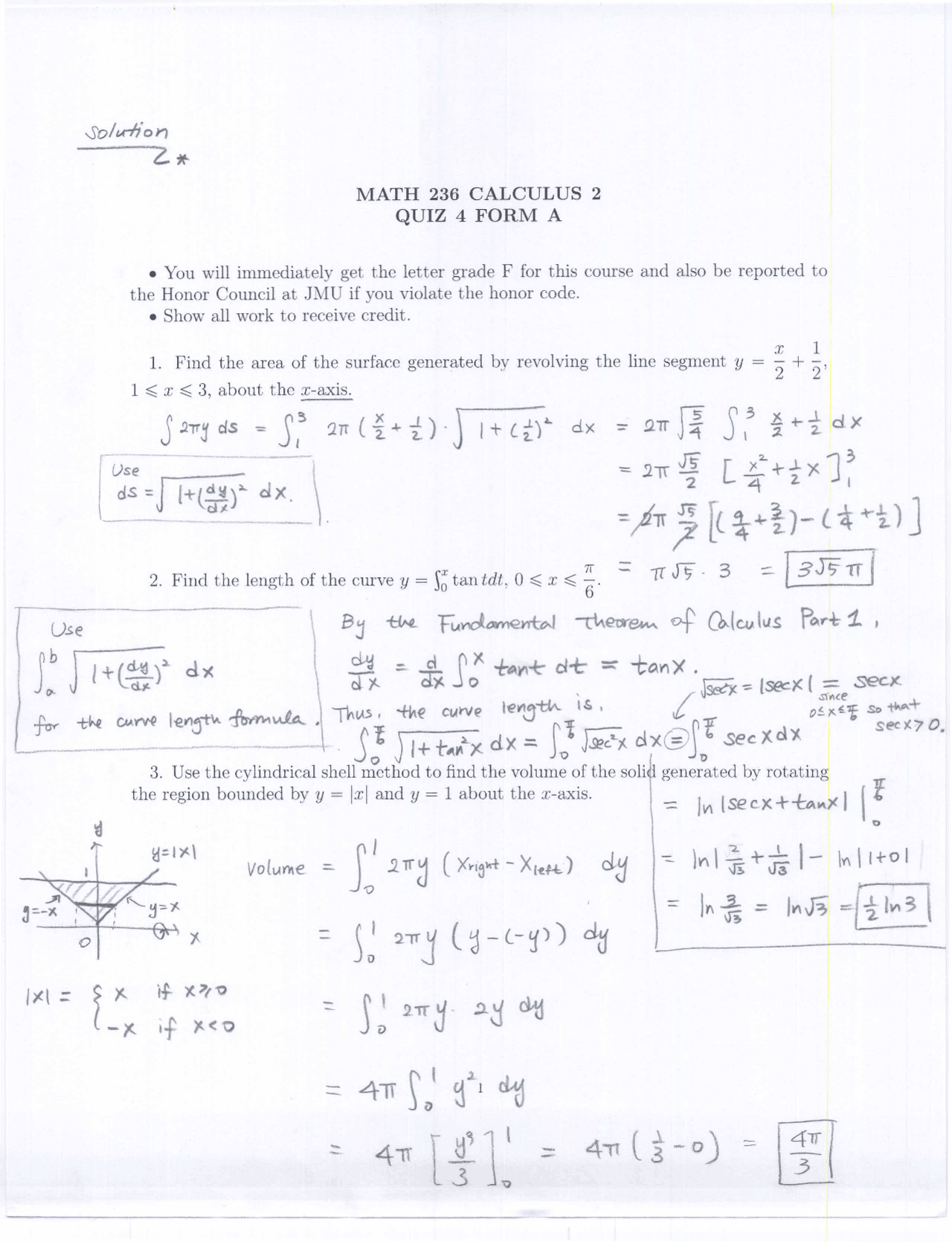 Quiz Four With Answer Key Calculus Ii Math 236 Docsity