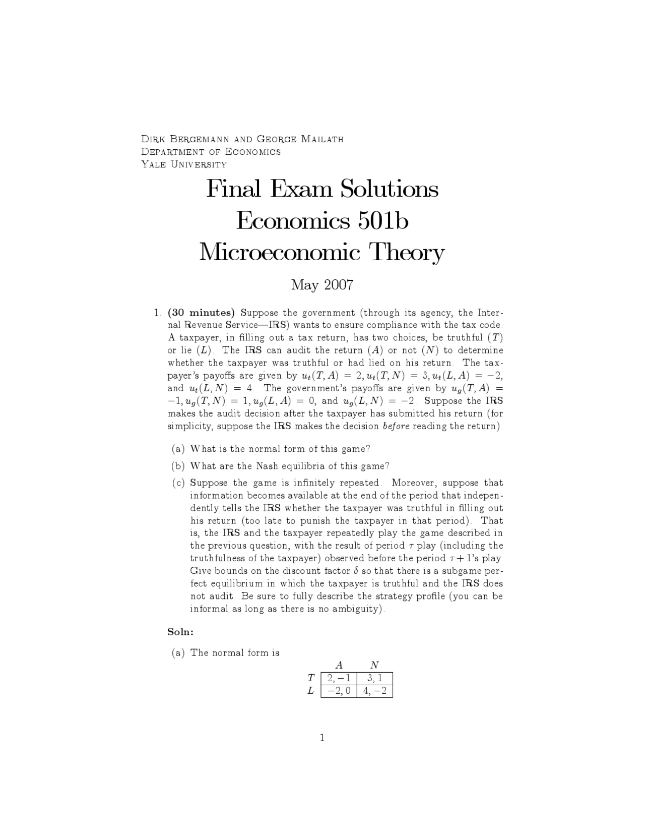 Microeconomics Theory - Final Exam 2006 2007 Revised Solutions ...