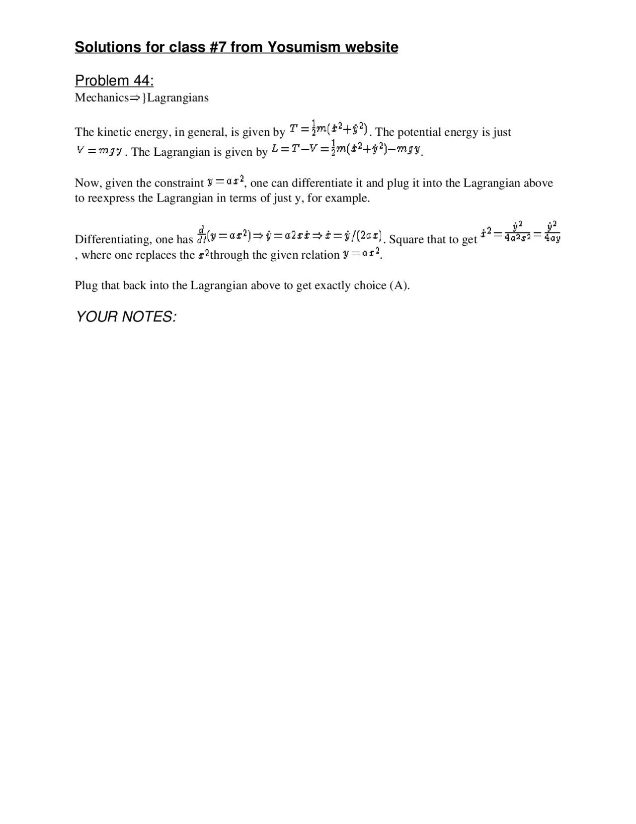 Classical Mechanics - Problem Set 2 Solution - Physics - Docsity