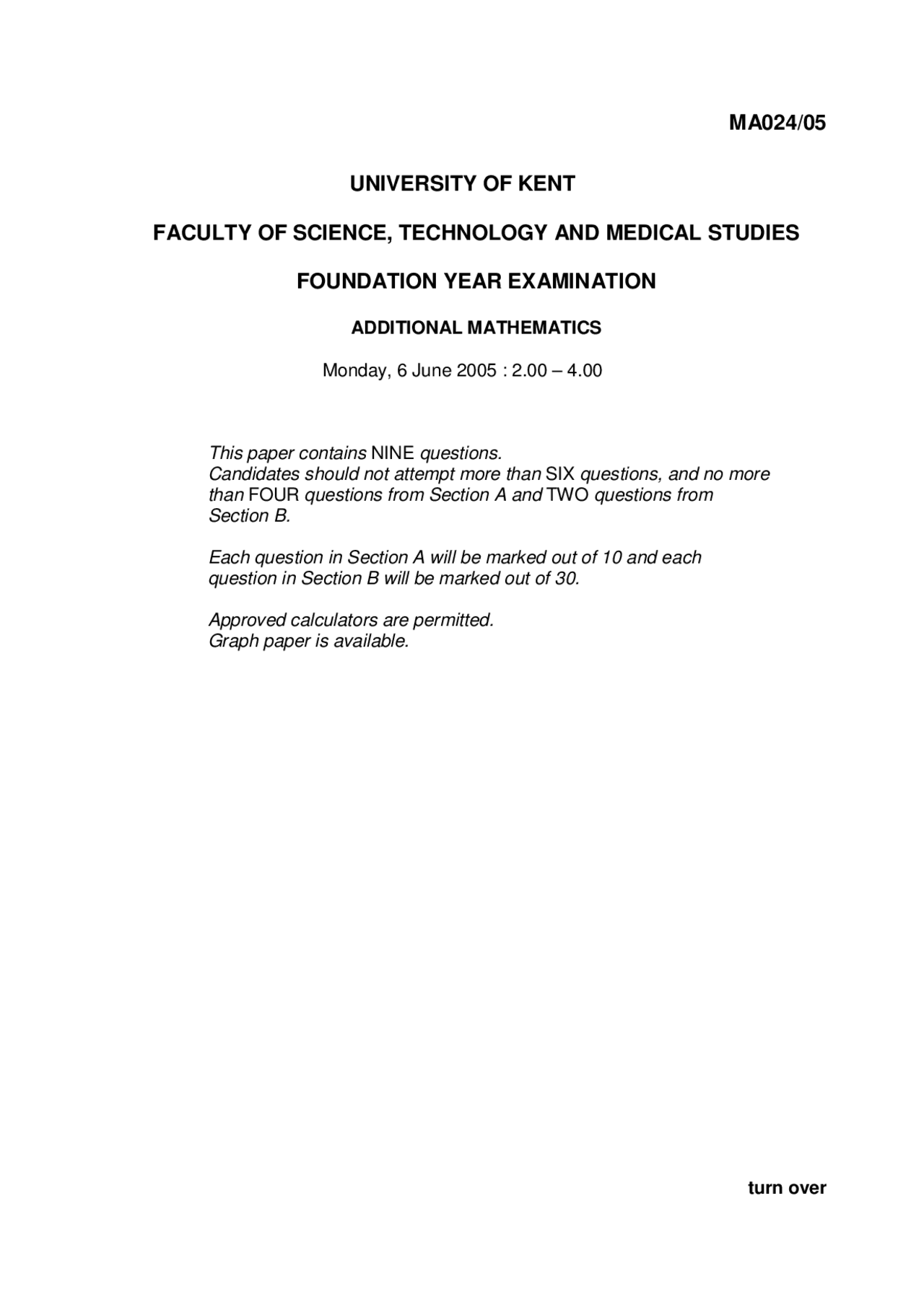 Additional Mathematics Exam 2005 Statistics And Economics Docsity