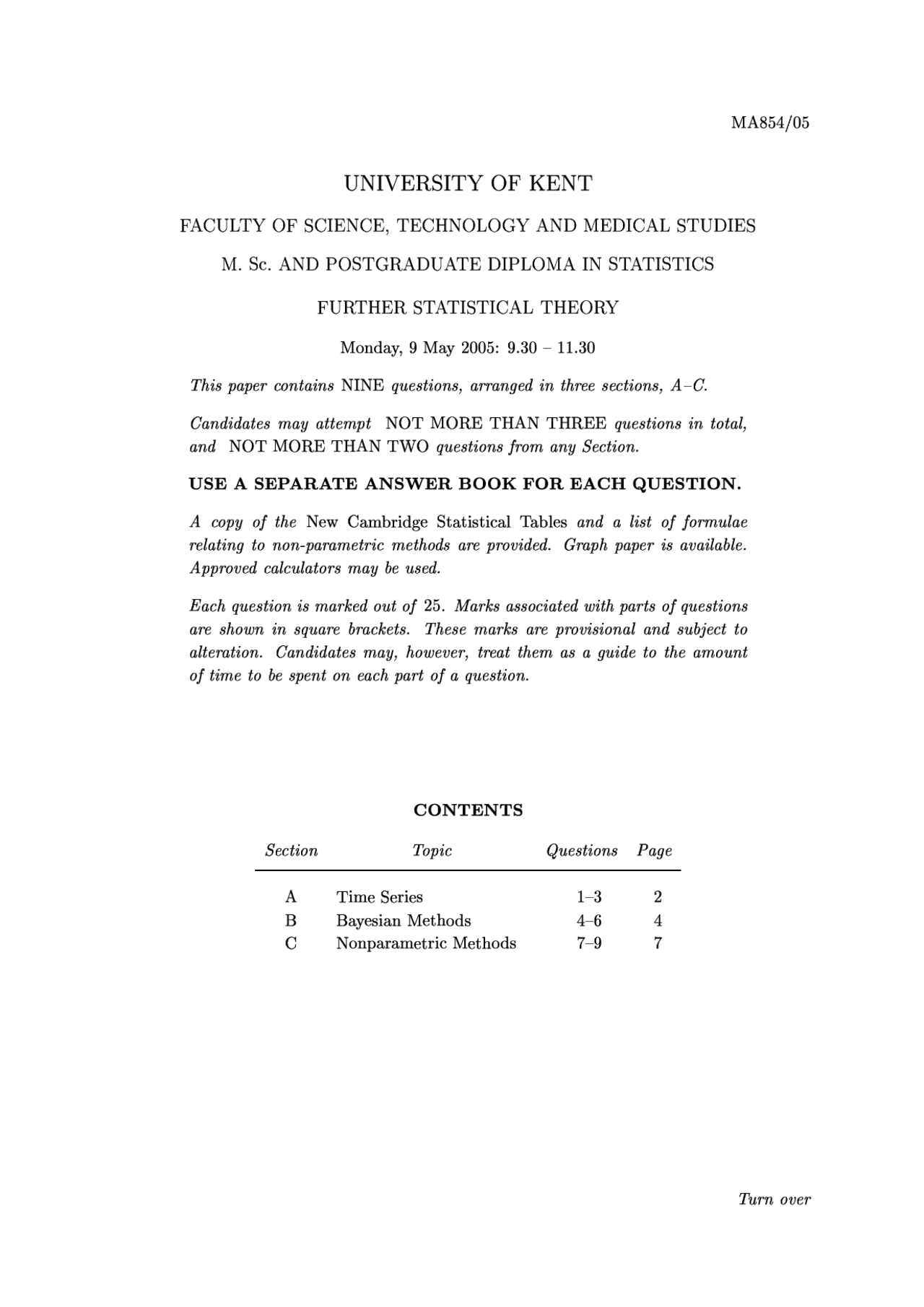 Further Statistical Theory Exam 2005 Statistics And Economics Docsity