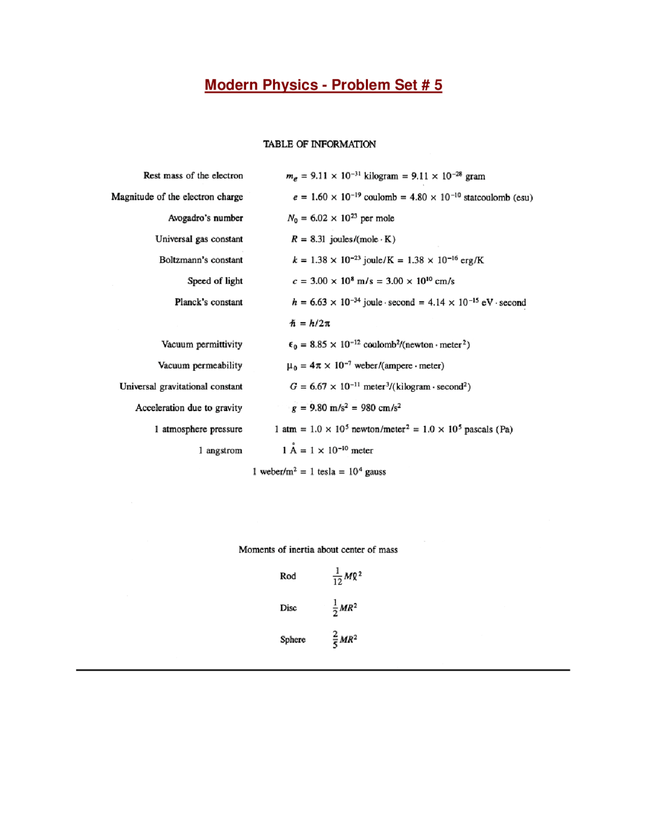 Modern Physics - ProblemSet 5 - Physics - Docsity