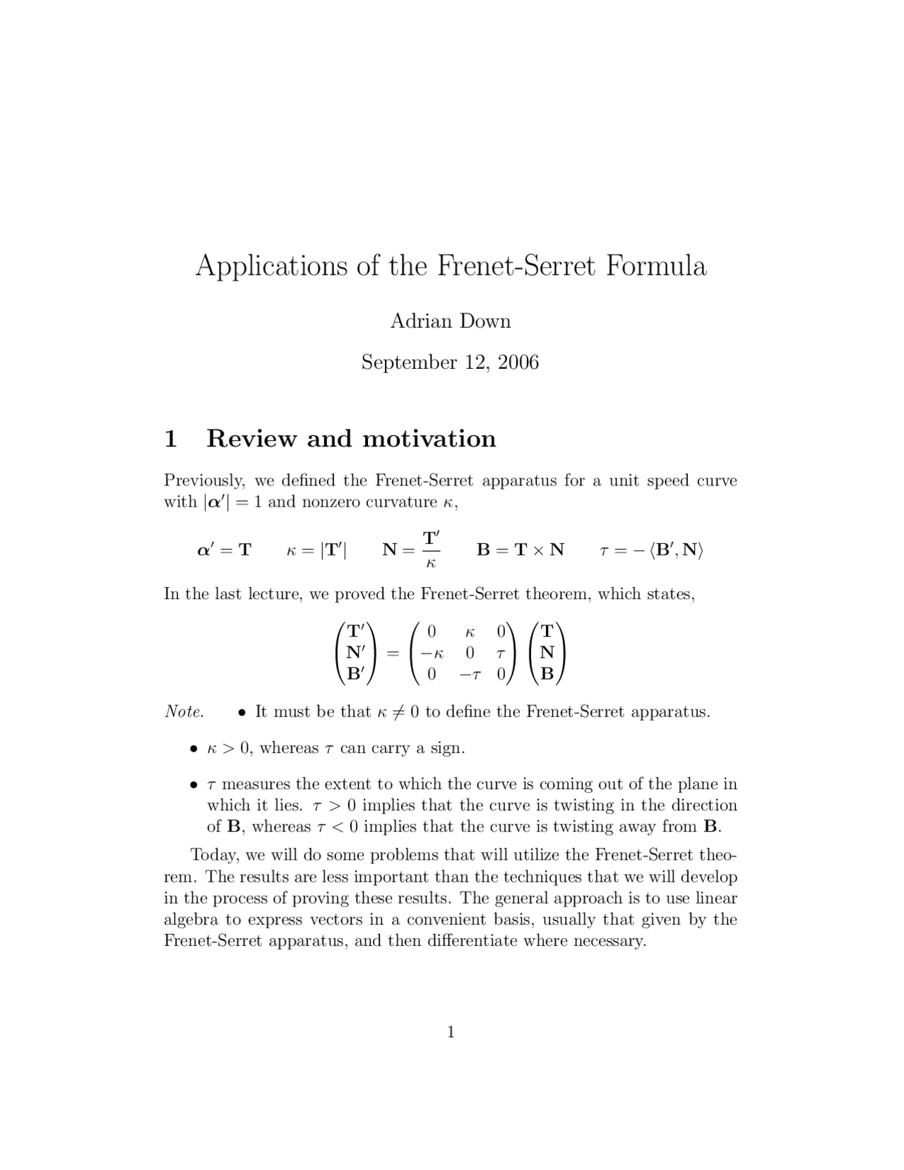 Application Of Frenet Serret Theorem Lecture Notes Numerical Methods