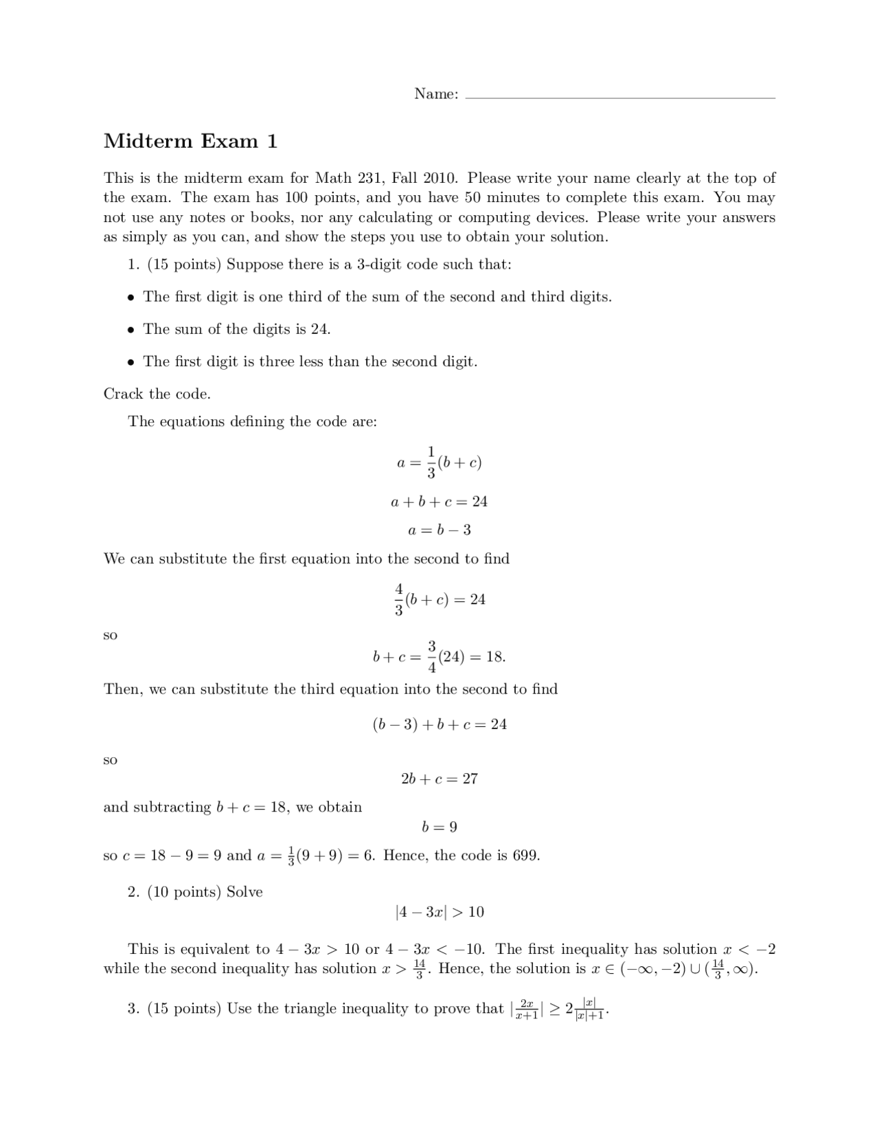 Midterm Exam 1 With Solutions Calculus With Functions I Math 231