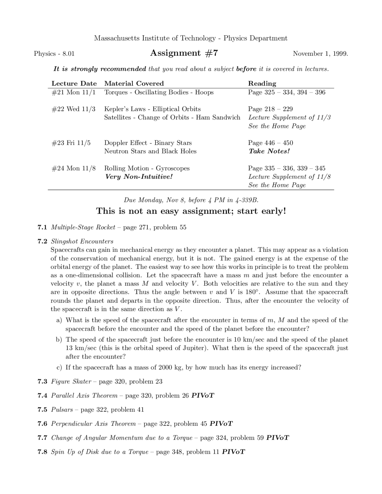Classical Mechanics - Assignment 7 - Physics - Docsity