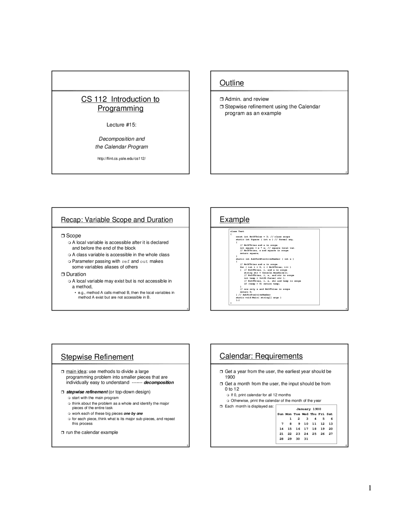 Decomposition And Calendar Program Lecture Slide Computer Science Docsity