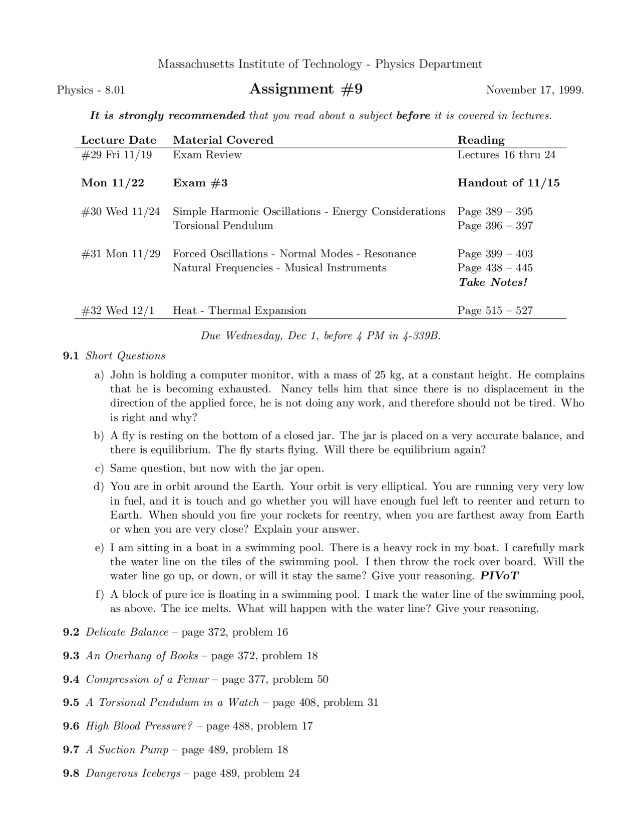 Classical Mechanics - Assignment 9 - Physics - Docsity