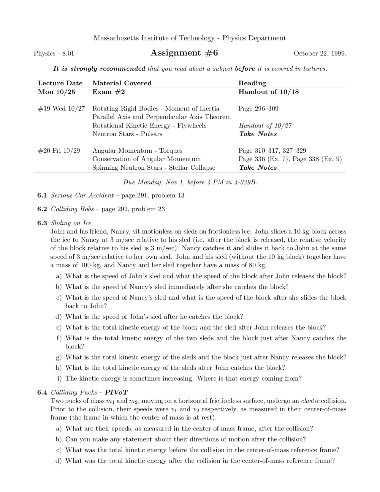 Classical Mechanics - Assignment 6 - Physics - Docsity
