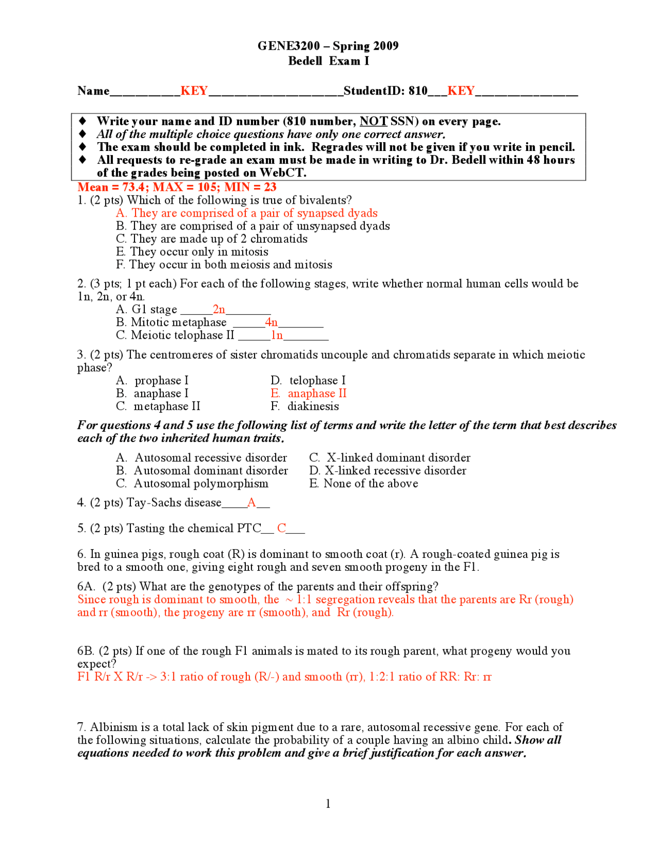 Exam1 Solved Questions Genetics Spring 2009 Gene 3200 Docsity